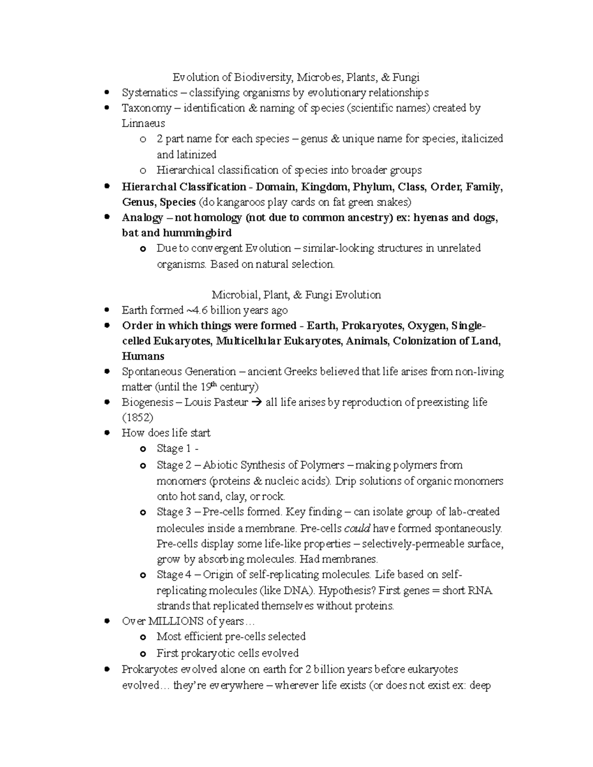 Intro to Biology, Week 10 Notes - Evolution of Biodiversity, Microbes ...