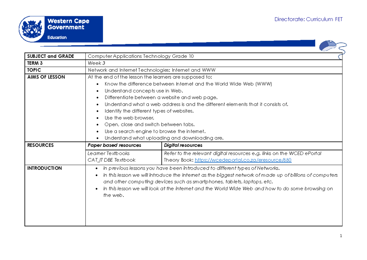 CAT Gr 10 Term3 Week3 - Directorate: Curriculum FET SUBJECT and GRADE ...