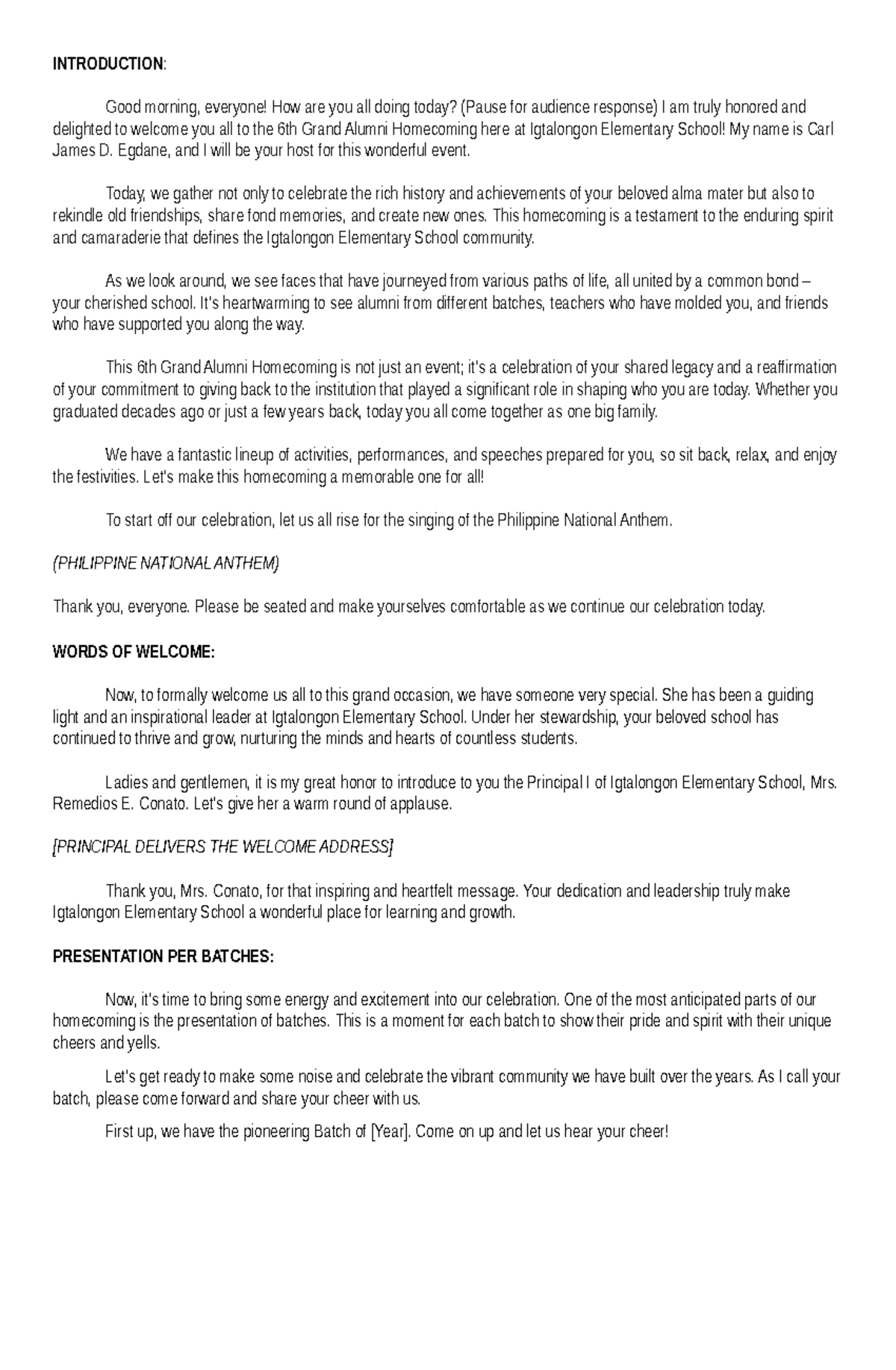 Alumni Script - None - INTRODUCTION: Good morning, everyone! How are ...