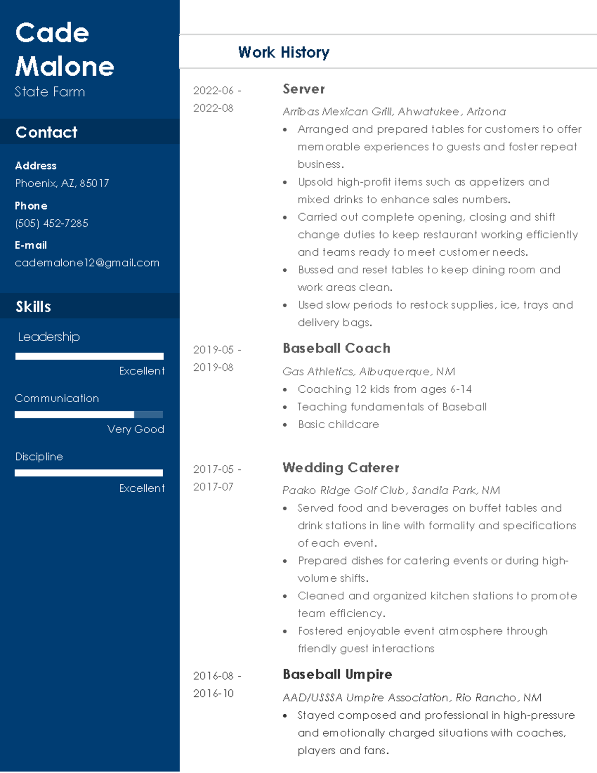 Cade Malone Resume - Cade Malone State Farm Contact Address Phoenix, AZ ...