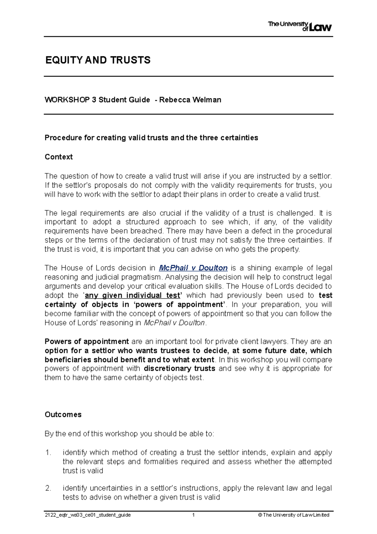 WS 3 - EQTR Student Guide - EQUITY AND TRUSTS WORKSHOP 3 Student Guide ...
