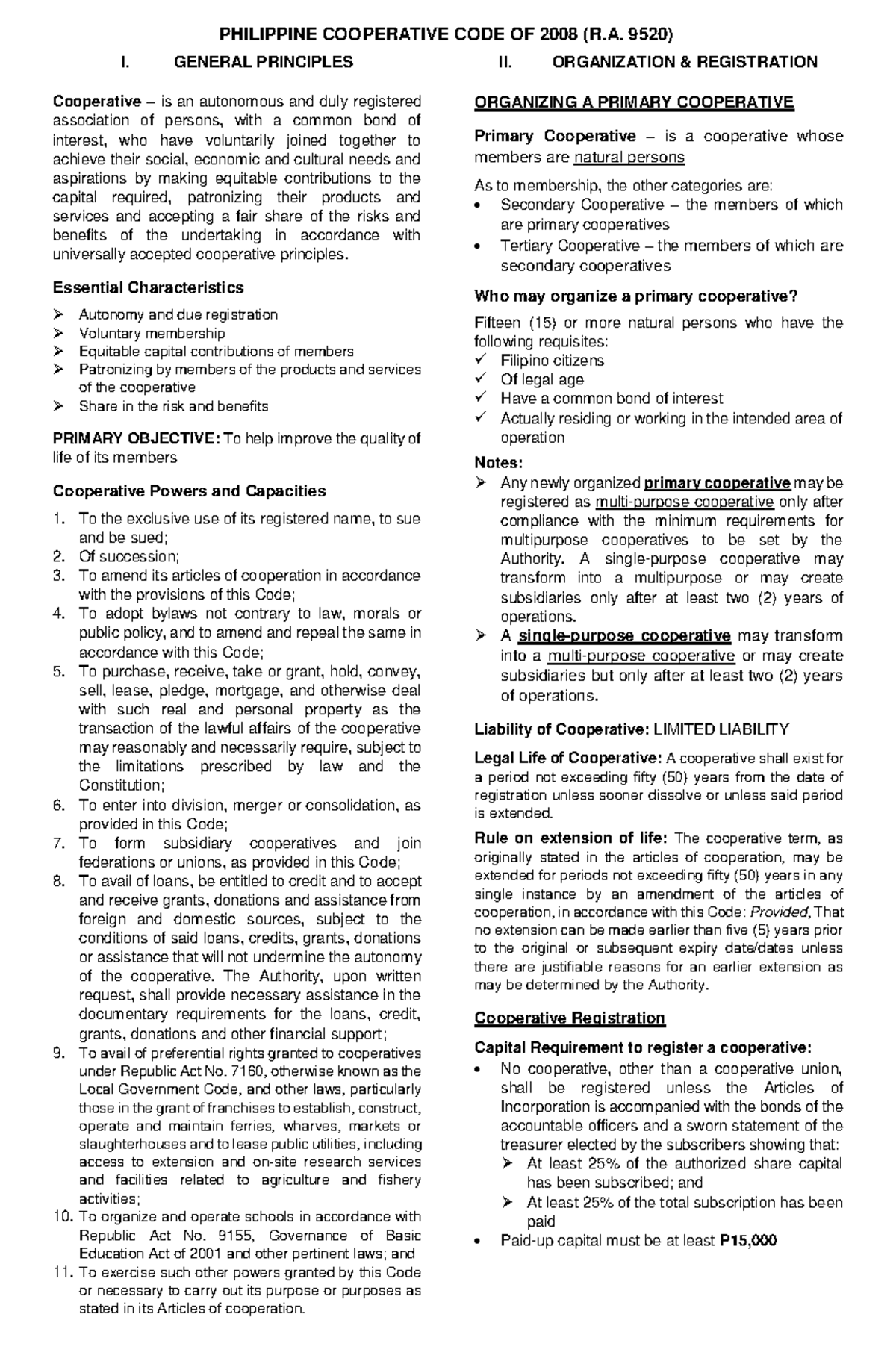 Notes on Cooperatives - PHILIPPINE COOPERATIVE CODE OF 2008 (R. 9520) I ...