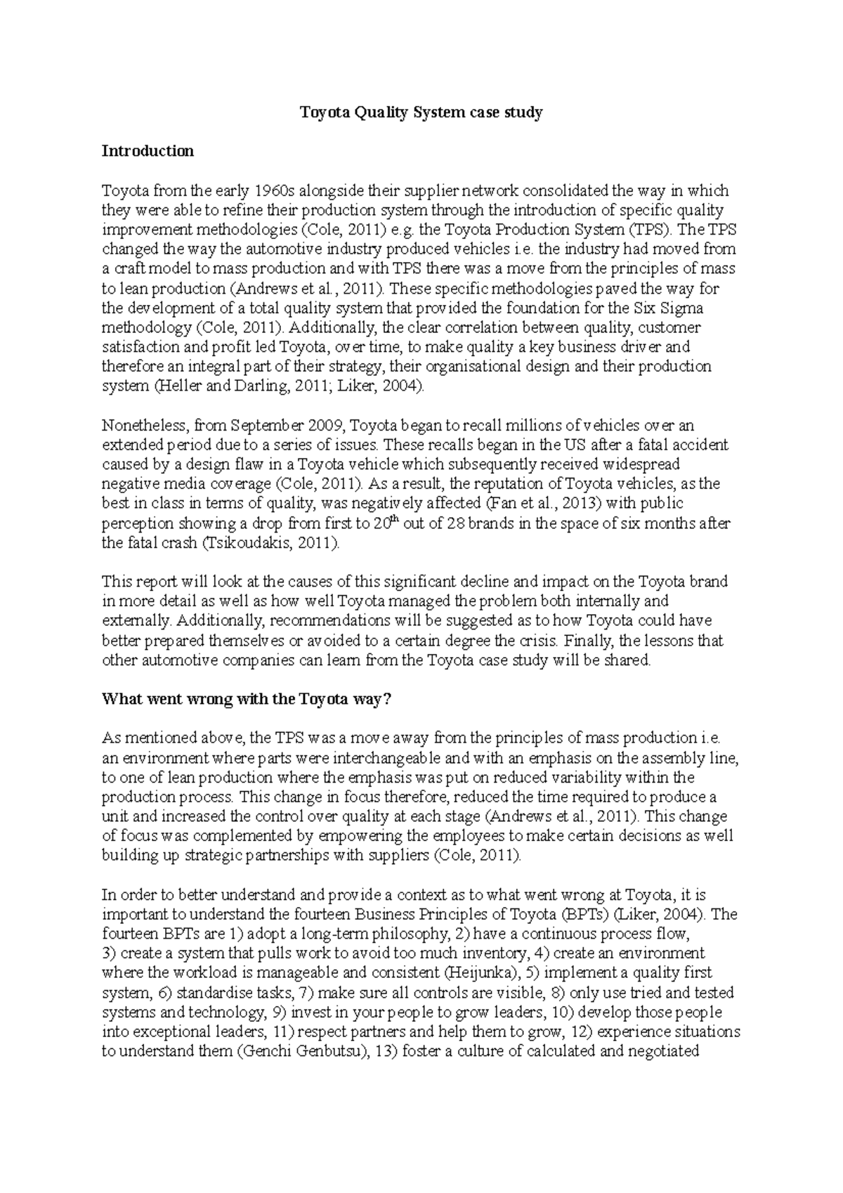 Toyota Quality Systemcasestudy - Toyota Quality System case study ...