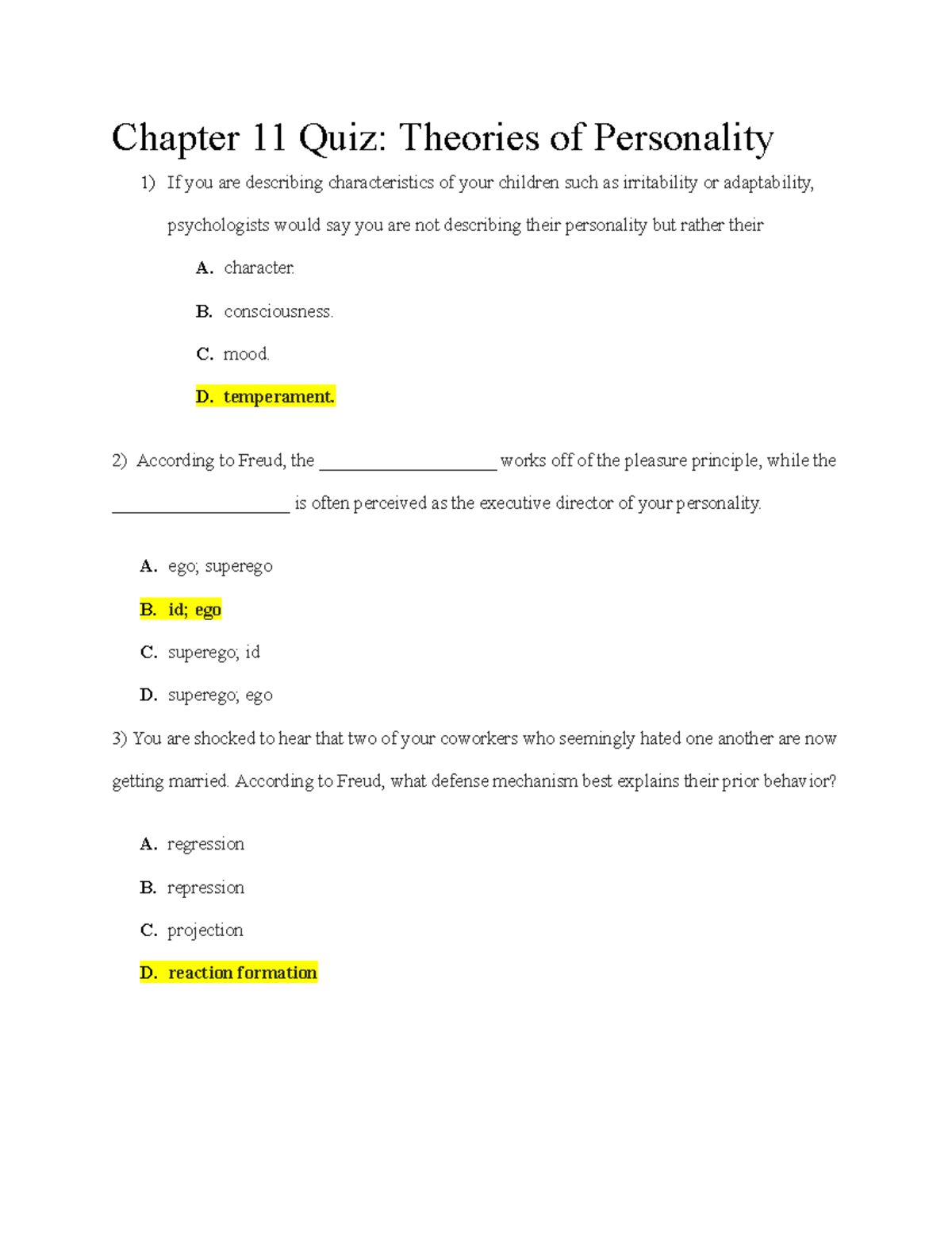 Chapter 11 Quiz Theories of Personality - Chapter 11 Quiz: Theories of ...