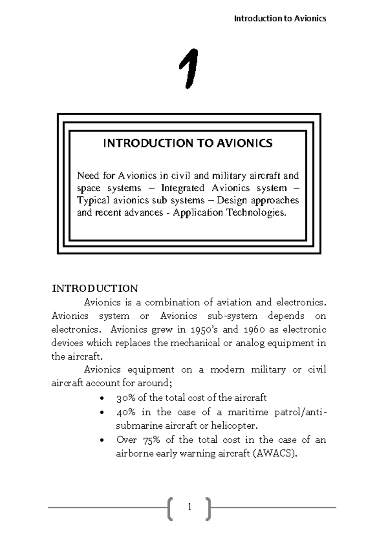 Avionics-Vol 1 - Engineering - Introduction to Avionics 1 INTRODUCTION Avionics is a combination ...
