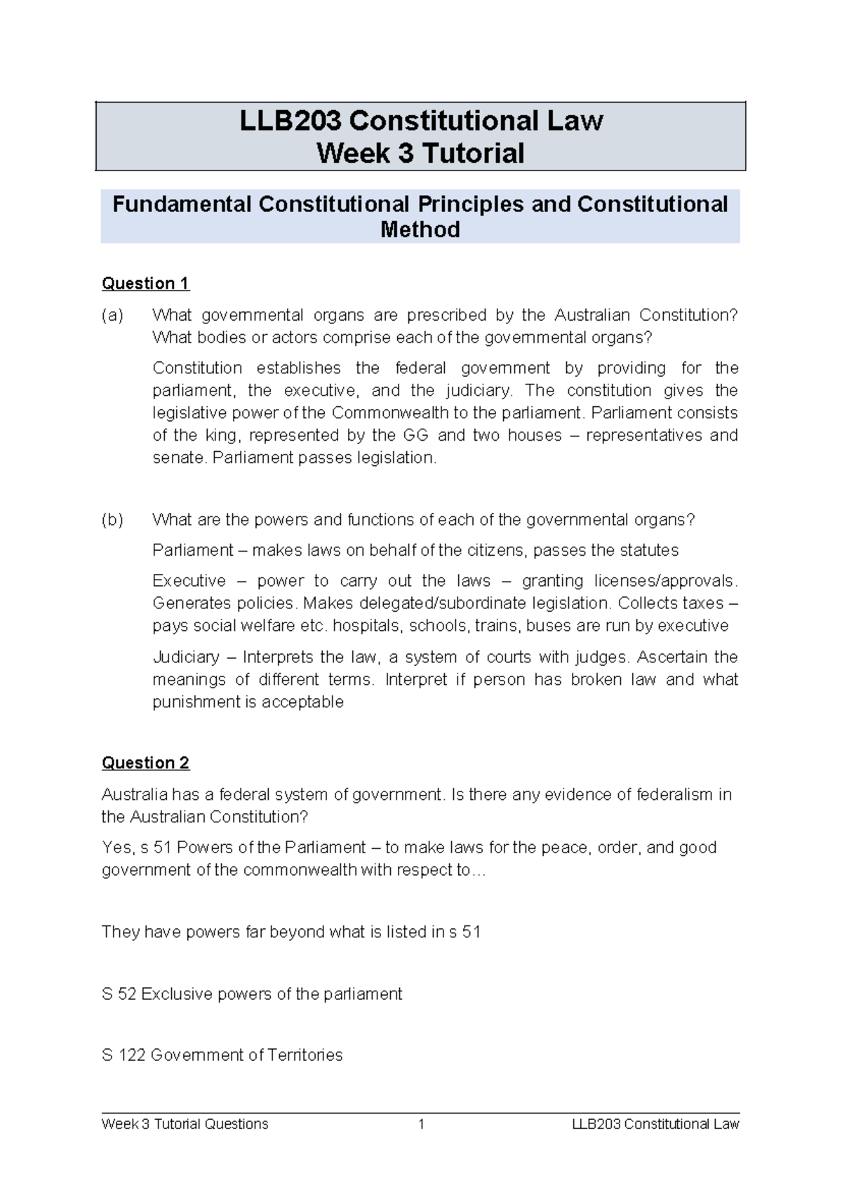 LLB203 Week 3 Tut - Week 3 Tutorial Notes - LLB203 Constitutional Law ...