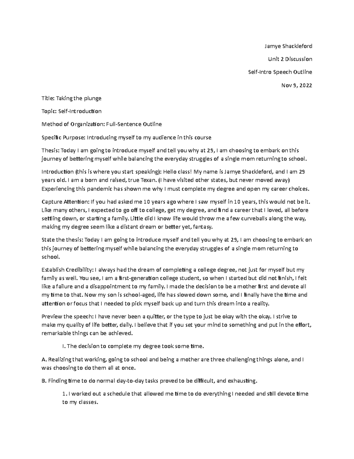 Unit2Speech Outline - Jamye Shackleford Unit 2 Discussion Self-Intro ...