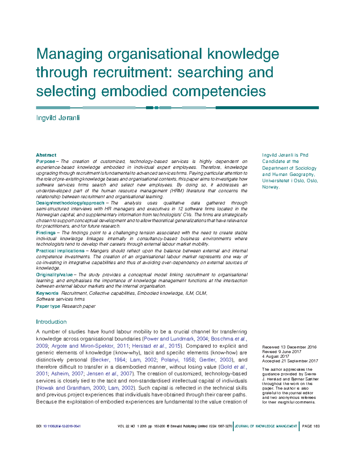 Managing organisational knowledge through recruitment - Managing ...