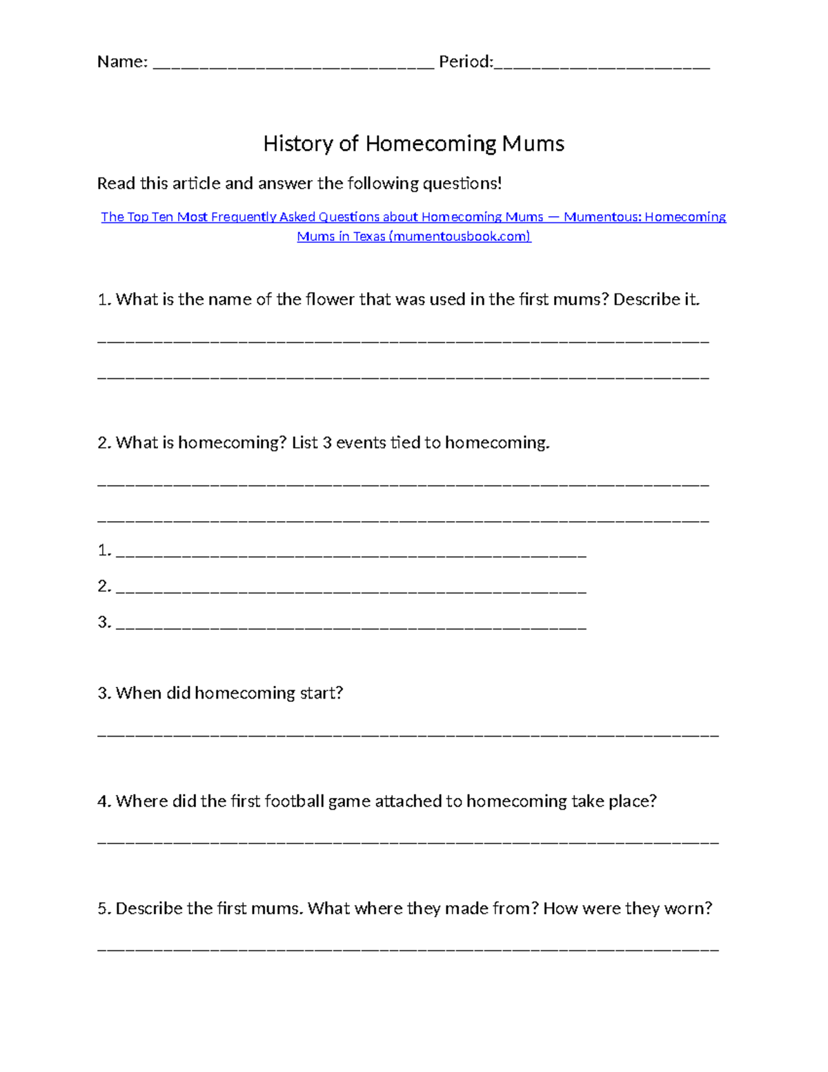 History of Homecoming mums worksheet - Name ...