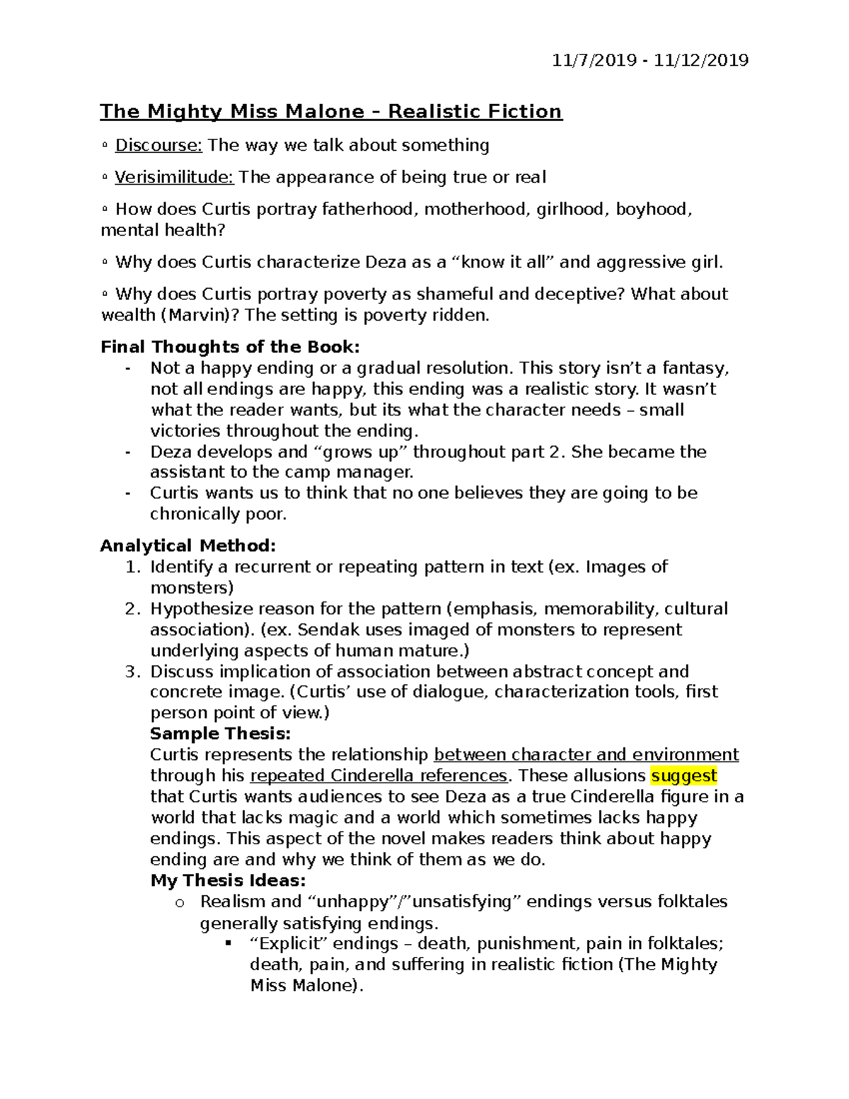 Realistic Fiction - 11/7/2019 - 11/12/ The Mighty Miss Malone ...