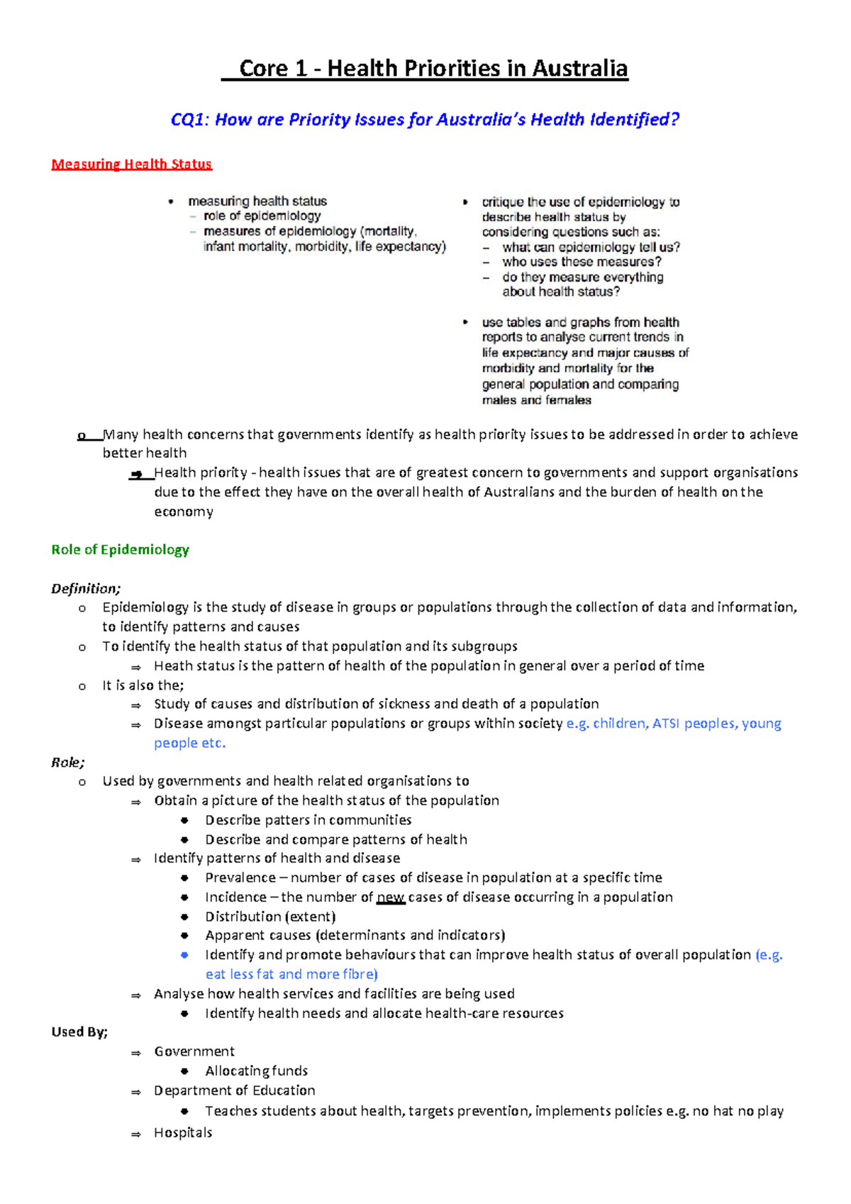 Core 1 - Health Priorities in Australia - Notes - Core 1 - Health ...