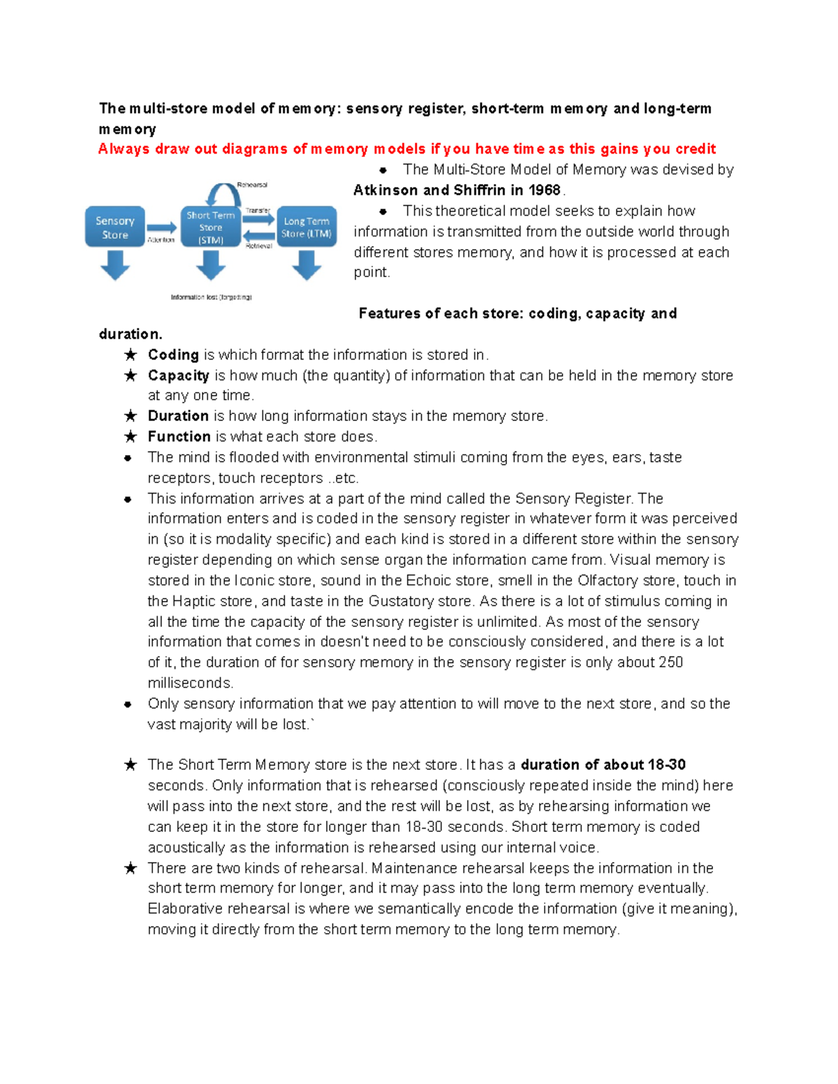 2. Memory - Notes - The multi-store model of memory: sensory register ...