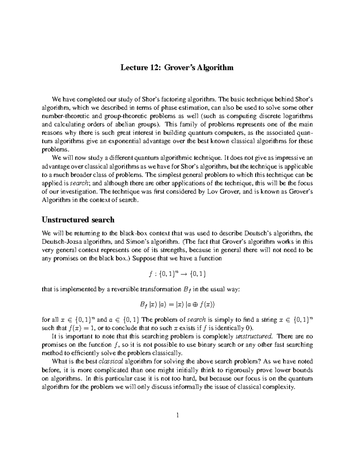 Lecture 12 Grover S Algorithm Cpsc Quantum Computation John Watrous