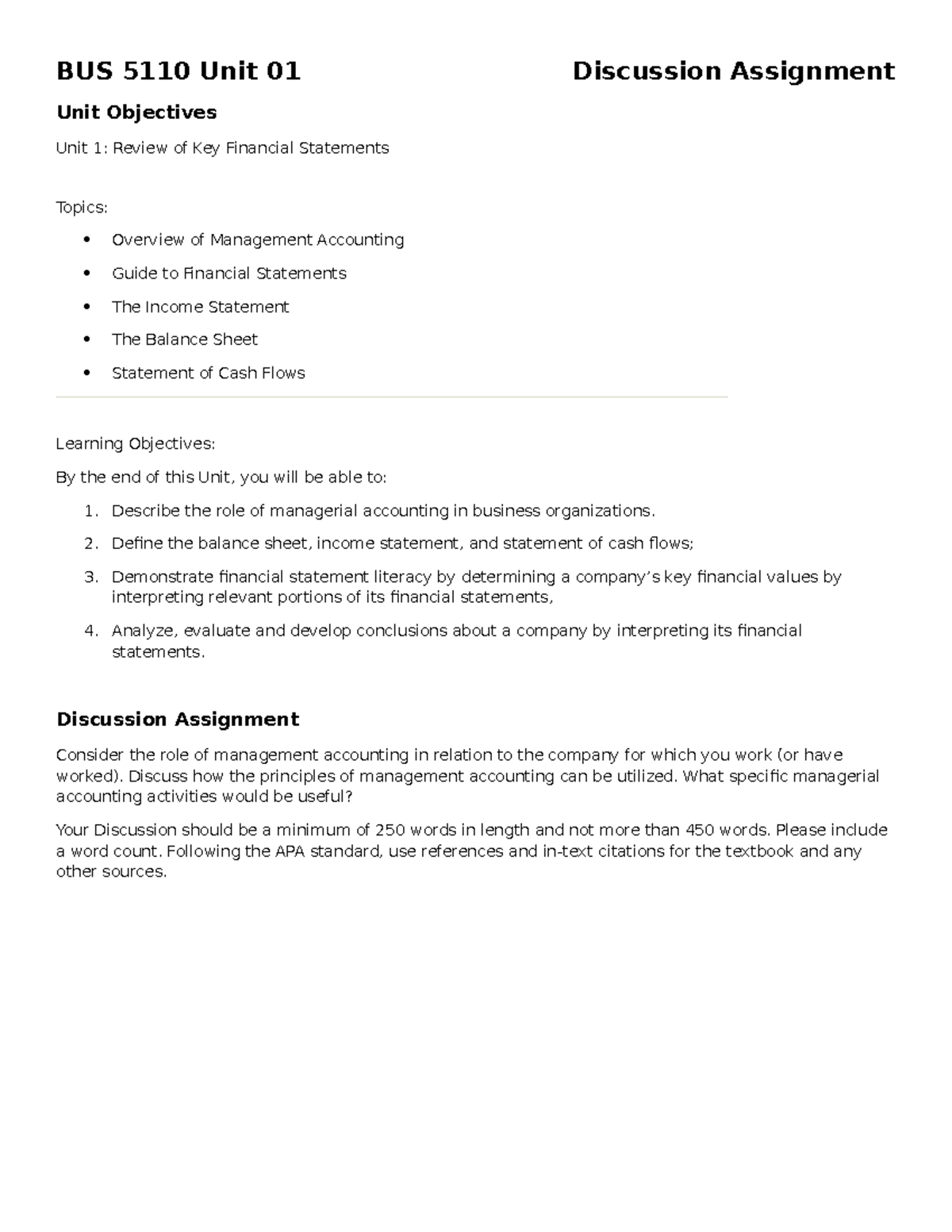 Bus 5110 Unit 01 Discussion Assignment Bus 5110 Unit 01 Discussion