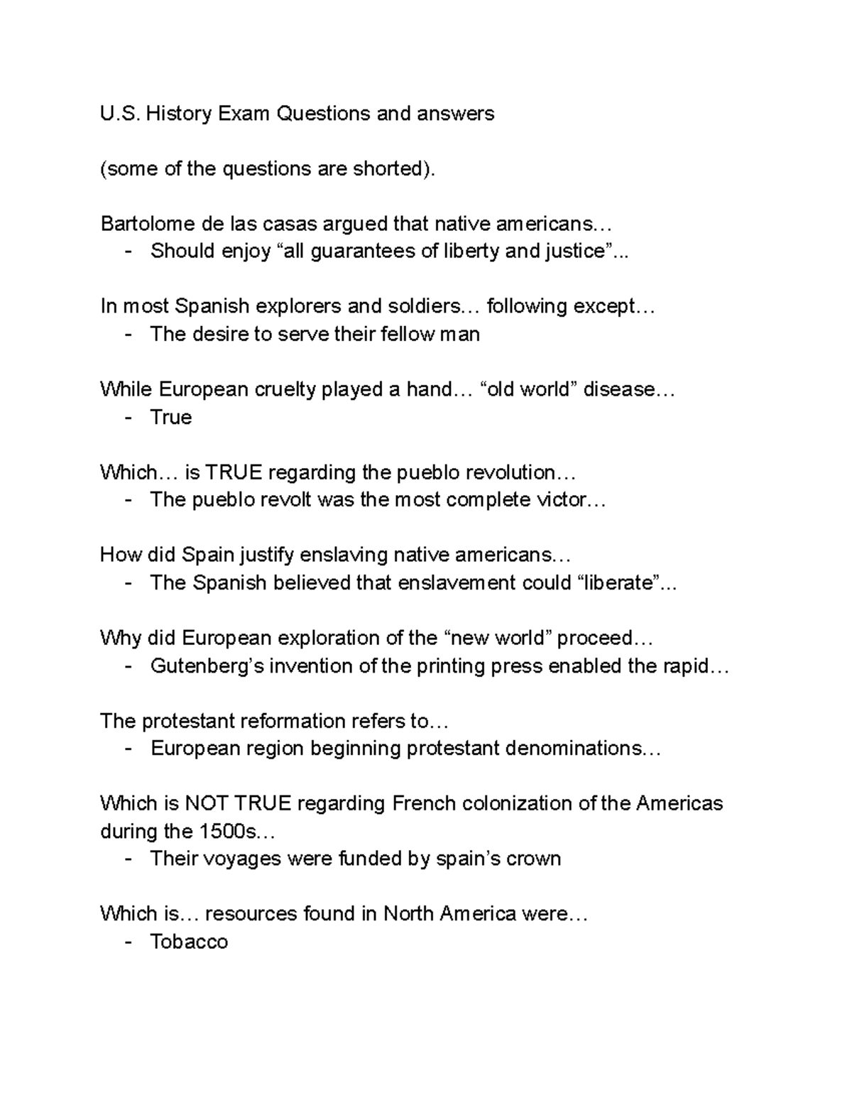 History of the US- exam 1 - U. History Exam Questions and answers (some ...