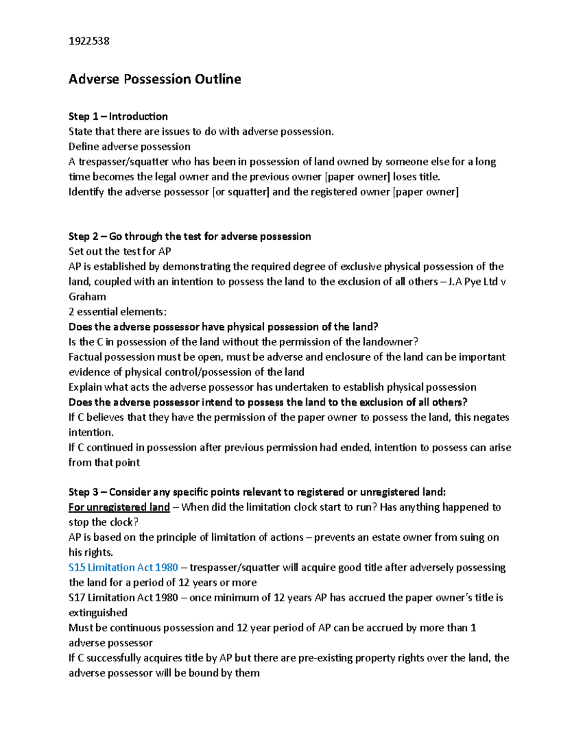 Adverse Possession - outline - LX2082 - Brunel University - Studocu
