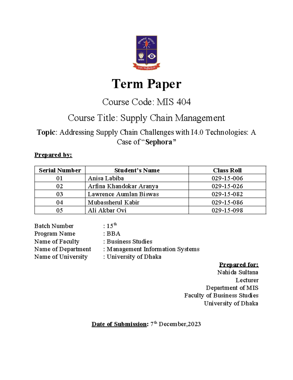 Team Eternals SCM Term Paper - Term Paper Course Code: MIS 404 Course Title: Supply Chain ...