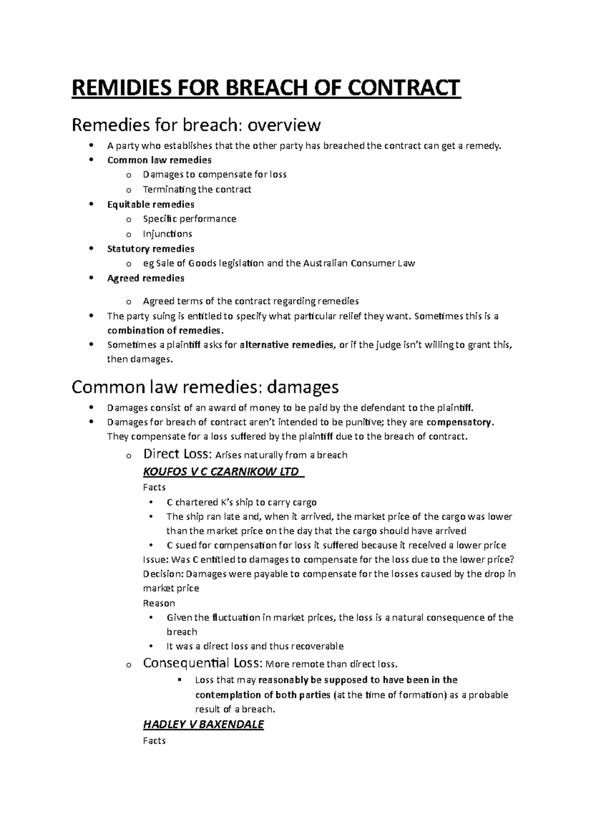 Lecture 6 - Notes taken from the powerpoint - REMIDIES FOR BREACH OF ...