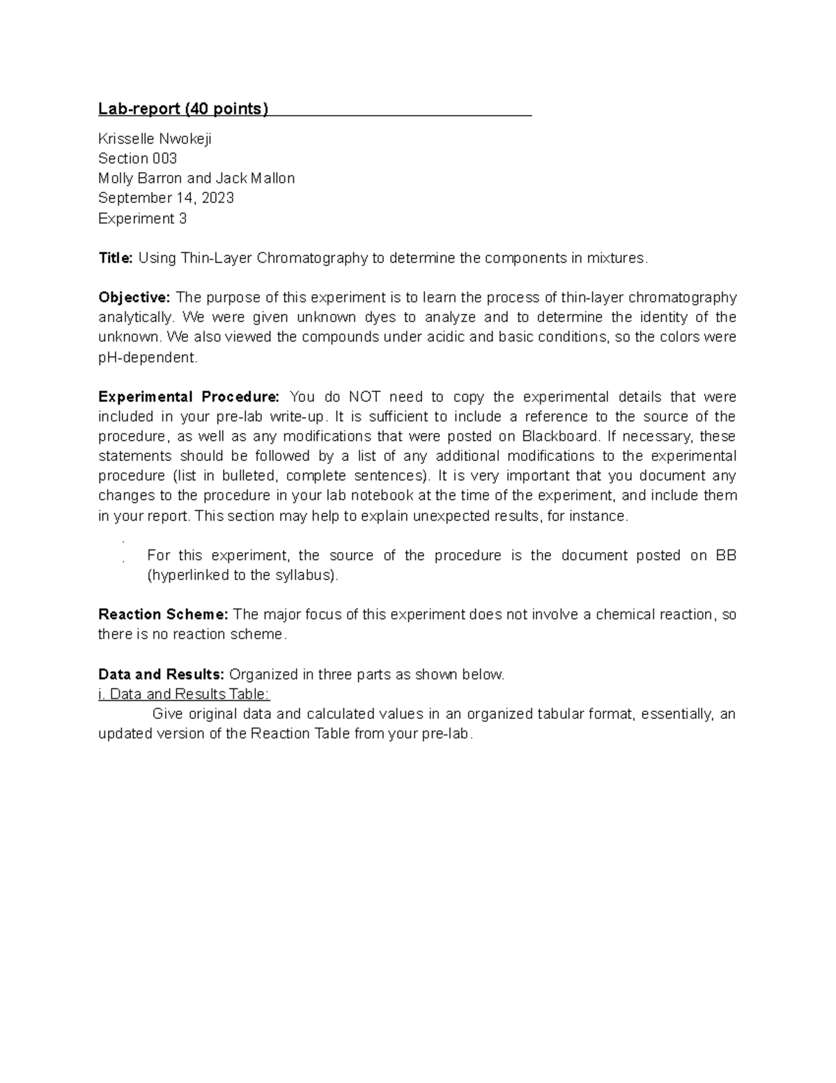 TLC lab report - Lab-report (40 points) Krisselle Nwokeji Section 003 ...