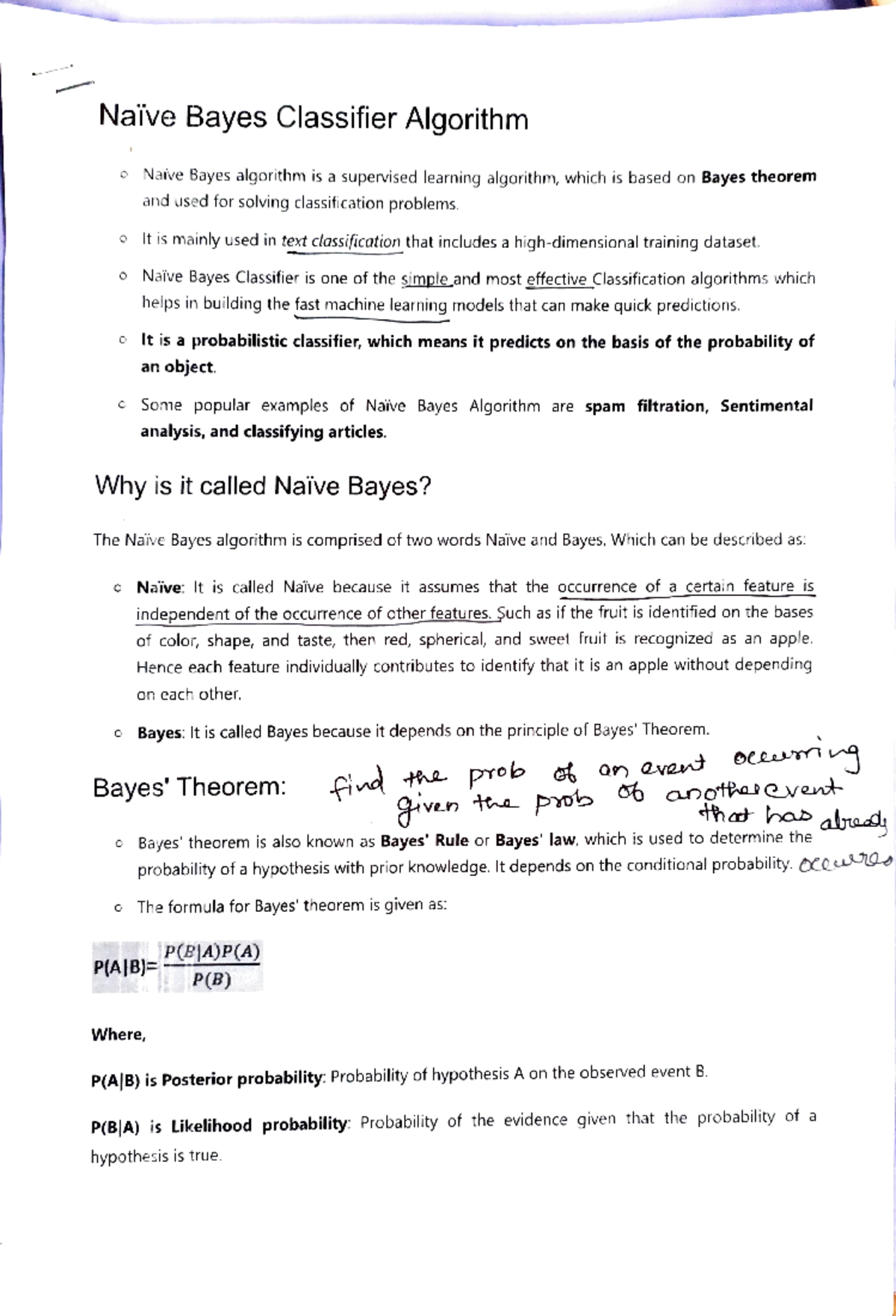 Naive bayes -18CSE392T MACHINE LEARNING - I - hypothesis is true. P(B|A ...