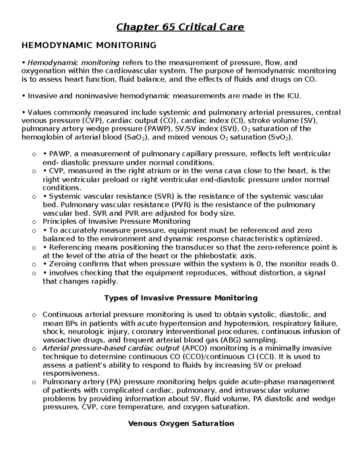 Lewis' Critical Care Key Points - Chapter 65 Critical Care HEMODYNAMIC ...