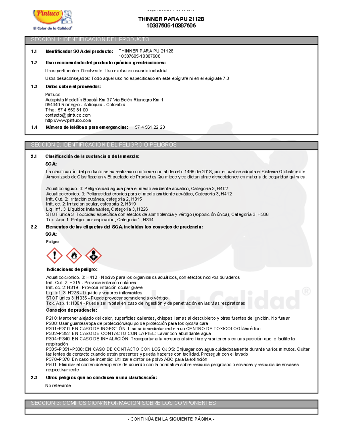 FDS Thinner - Ficha de seguridad - THINNER PARA PU 21128 10387605- SECCIÓN 1: IDENTIFICACIÓN DEL ...