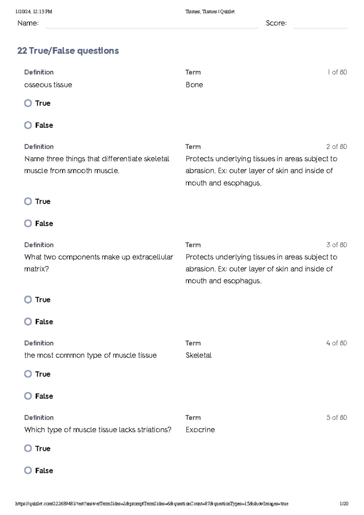 Tissues, Tissues Quizlet - Name: Score: 22 True/False questions ...