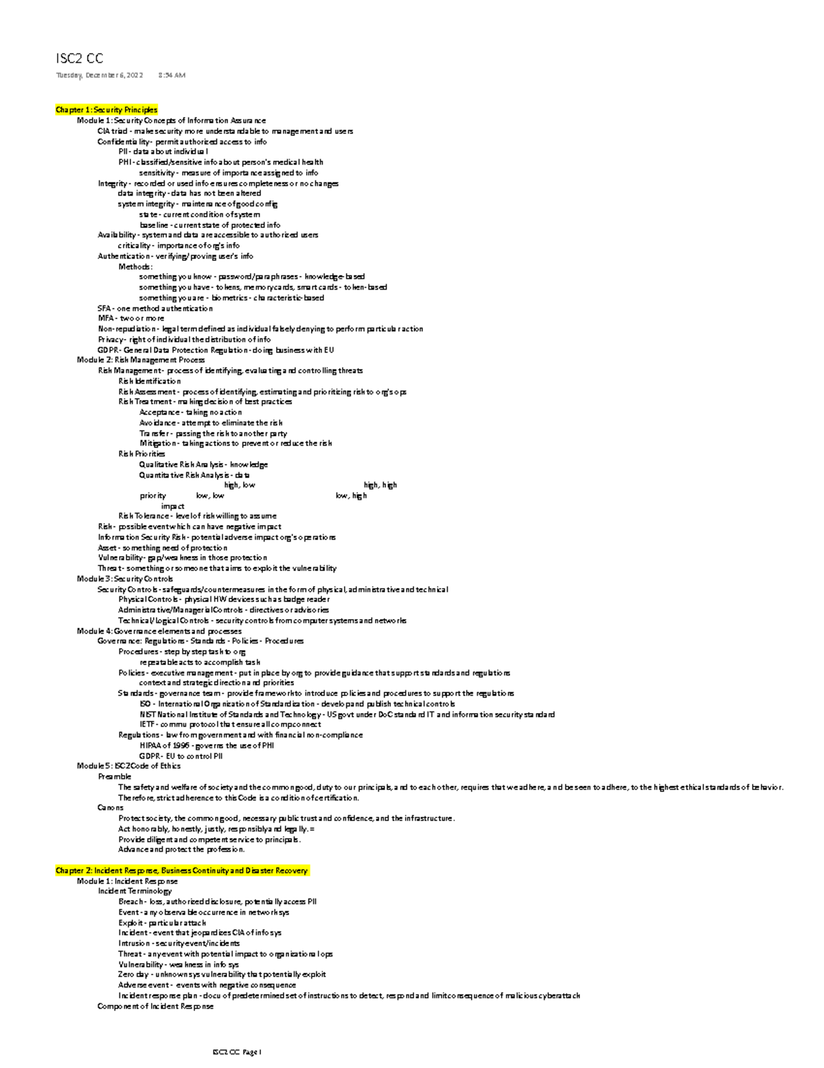 ISC2CC Studynotes-1 - Cyber Security - Chapter 1: Security Principles ...