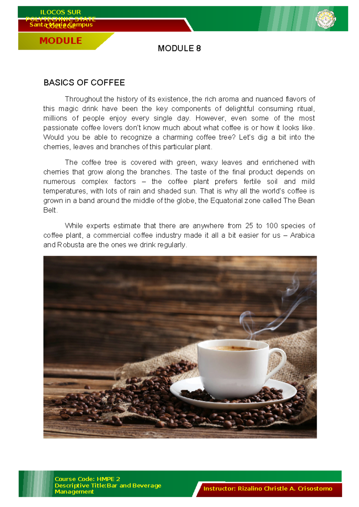 HMPE 2 Module 8 THE Basics OF Coffee - MODULE Santa Maria Campus ...