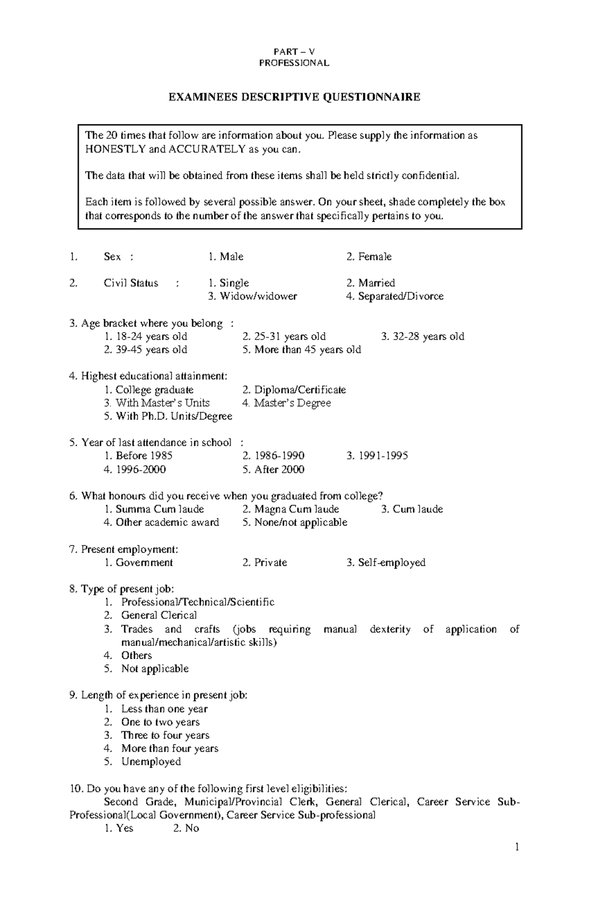 2- CSE Reviewer - PART – V PROFESSIONAL EXAMINEES DESCRIPTIVE ...