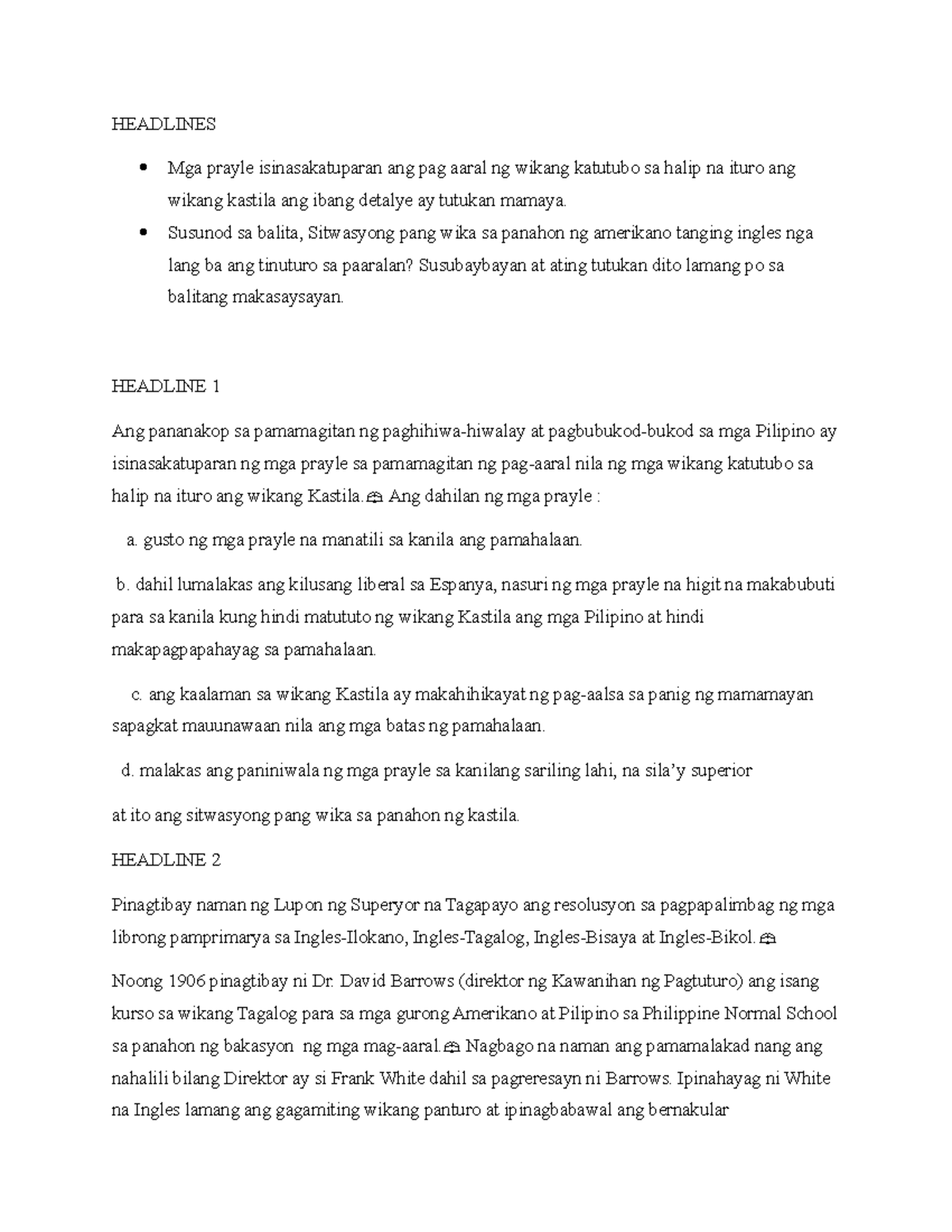 Script AP - its about philippines - HEADLINES Mga prayle ...