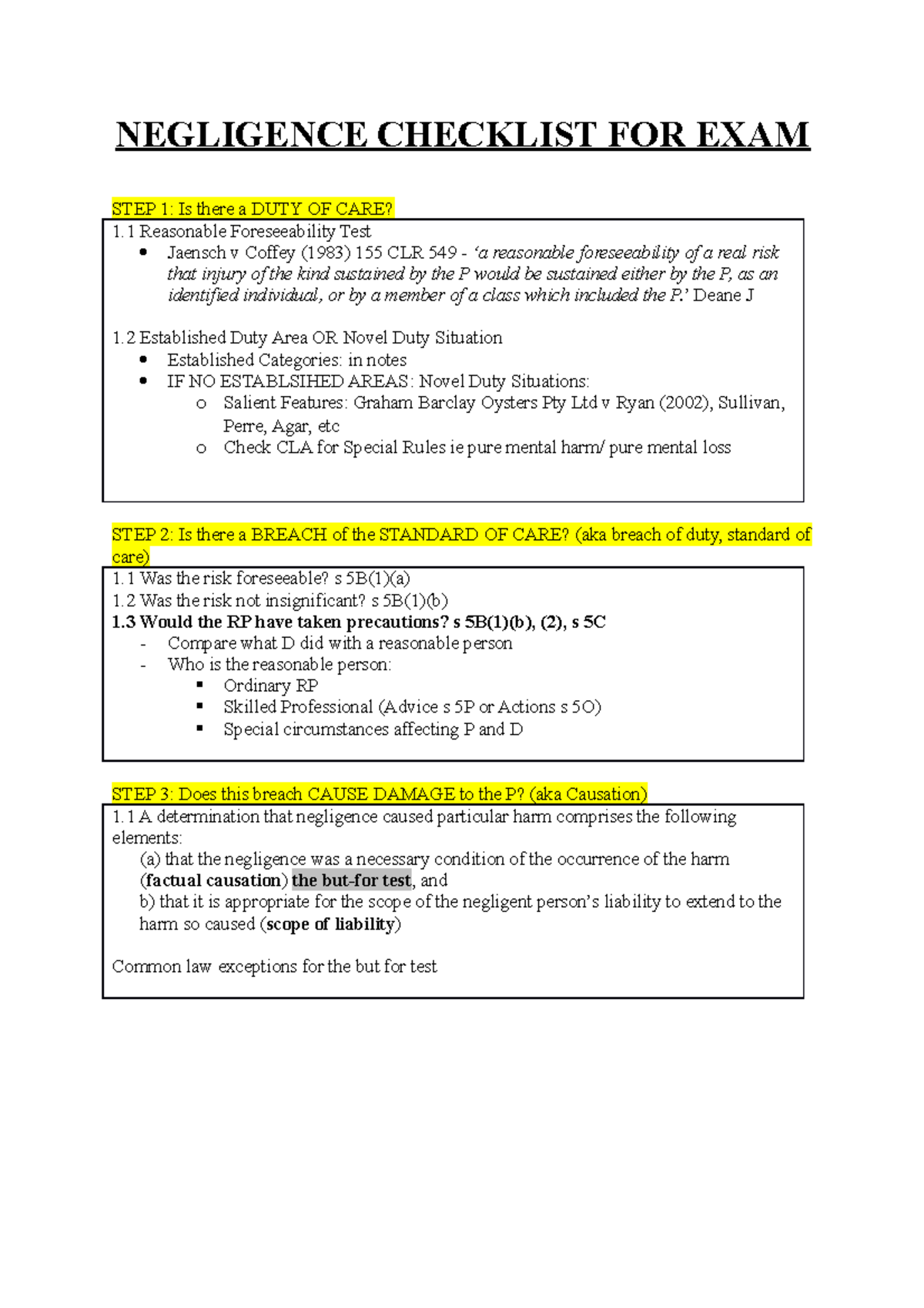 Negligence Checklist FOR EXAM - NEGLIGENCE CHECKLIST FOR EXAM STEP 1 ...