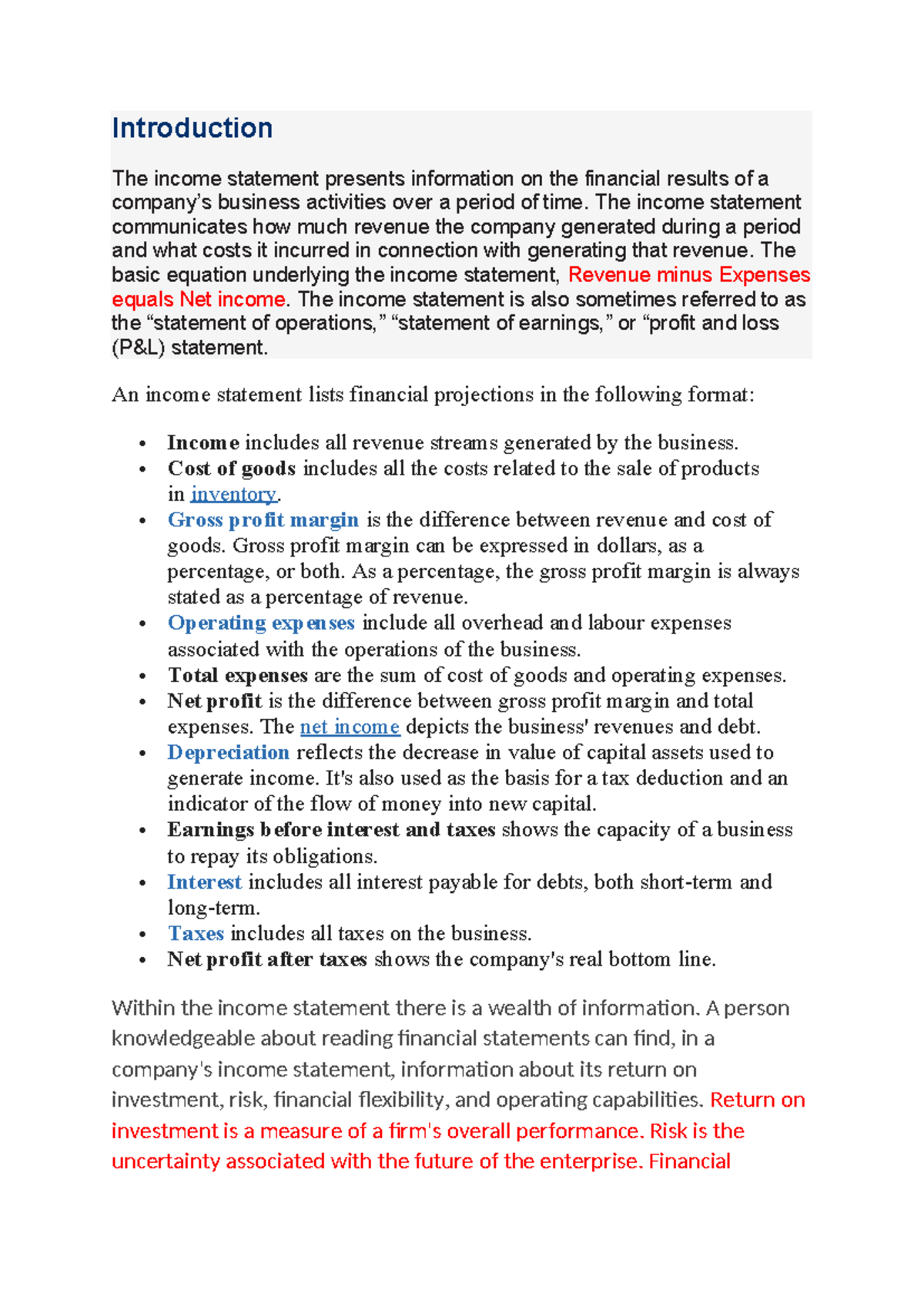 Income Statement Notes - Introduction ####### The income statement ...