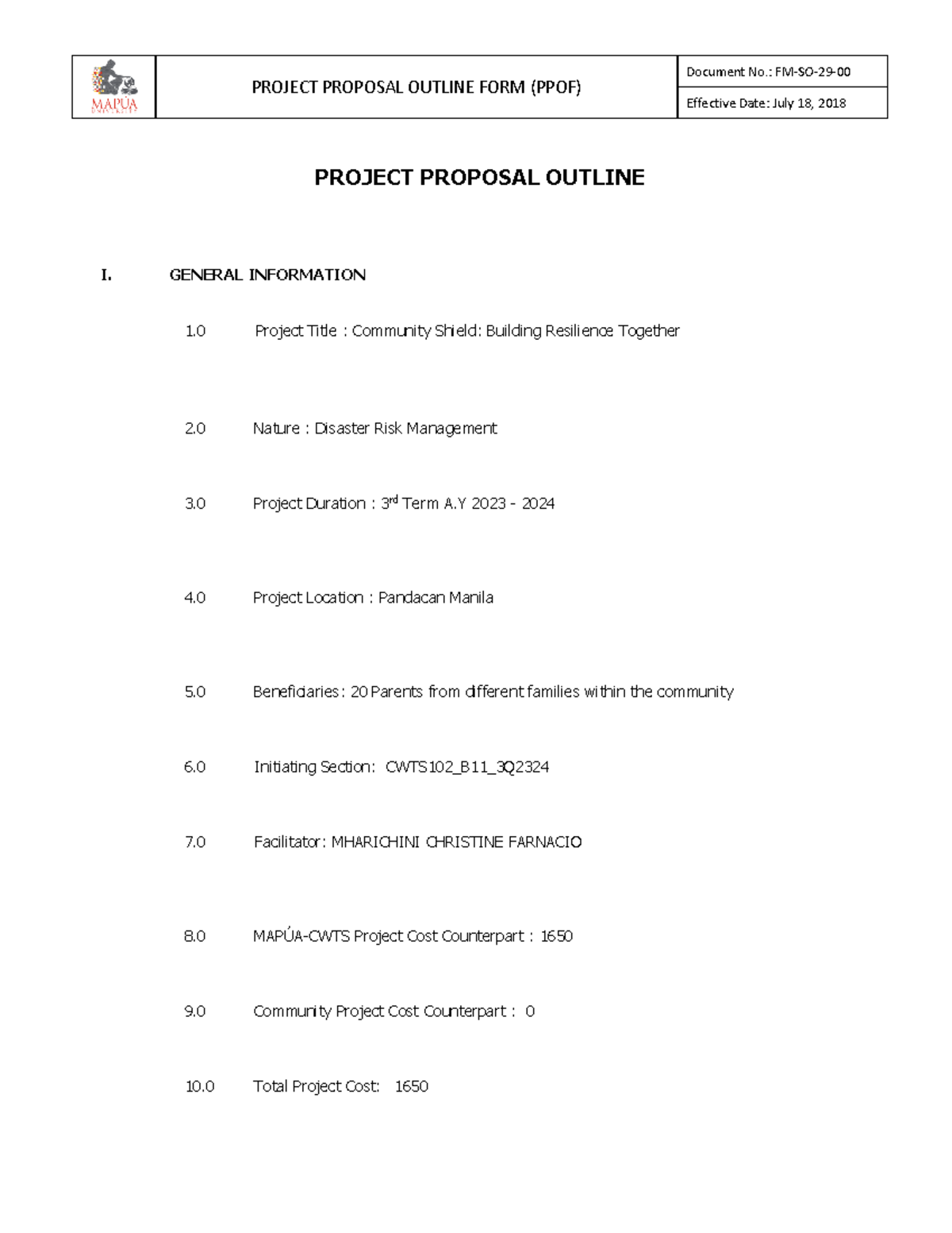 YAO MG-CWTS102-B11-PP11 - PROJECT PROPOSAL OUTLINE FORM (PPOF) Document ...