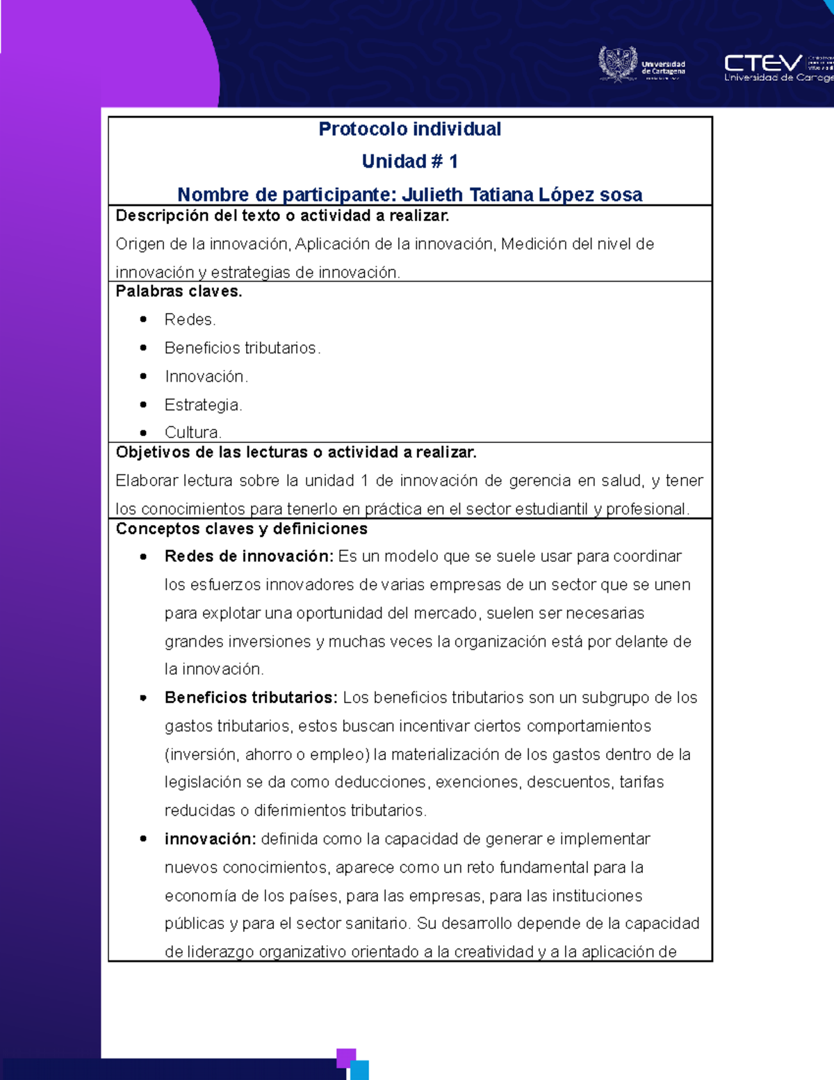 Protocolo Individual Gerencia EN Salud - Protocolo individual Unidad # 1 Nombre de participante ...