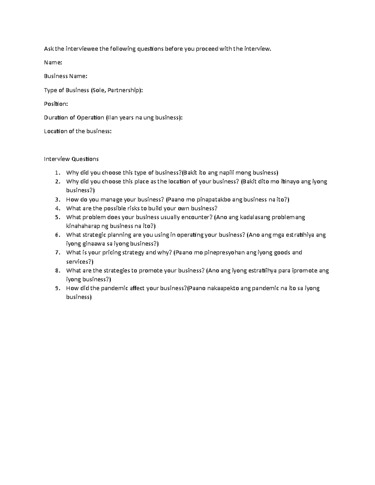 Tanon - NON - Ask the interviewee the following questions before you ...