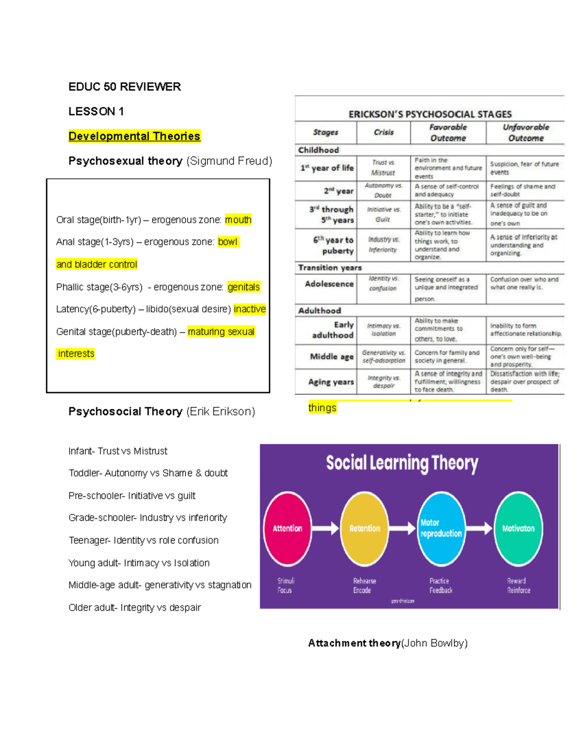 Copy of EDUC 50 Reviewer - EDUC 50 REVIEWER LESSON 1 Developmental Theories Psychosexual theory ...