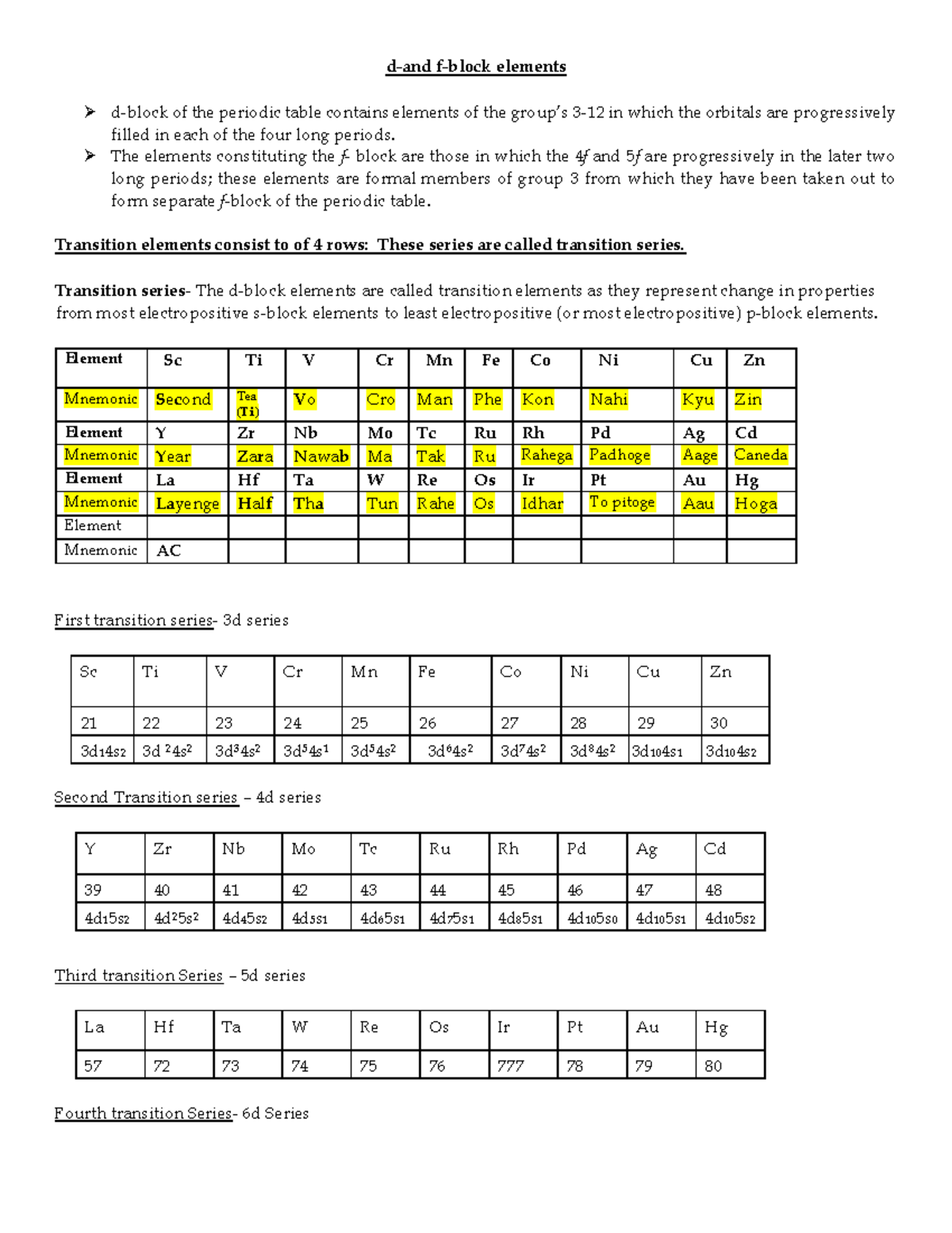 D & F block element edited - d-and f-block elements d-block of the periodic table contains - Studocu
