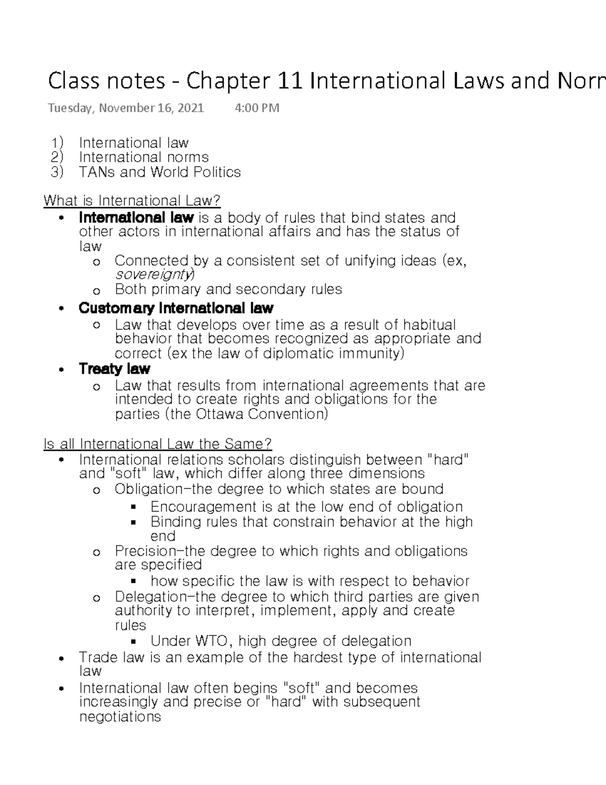 Class notes - Chapter 11 International Laws and Norms - International ...