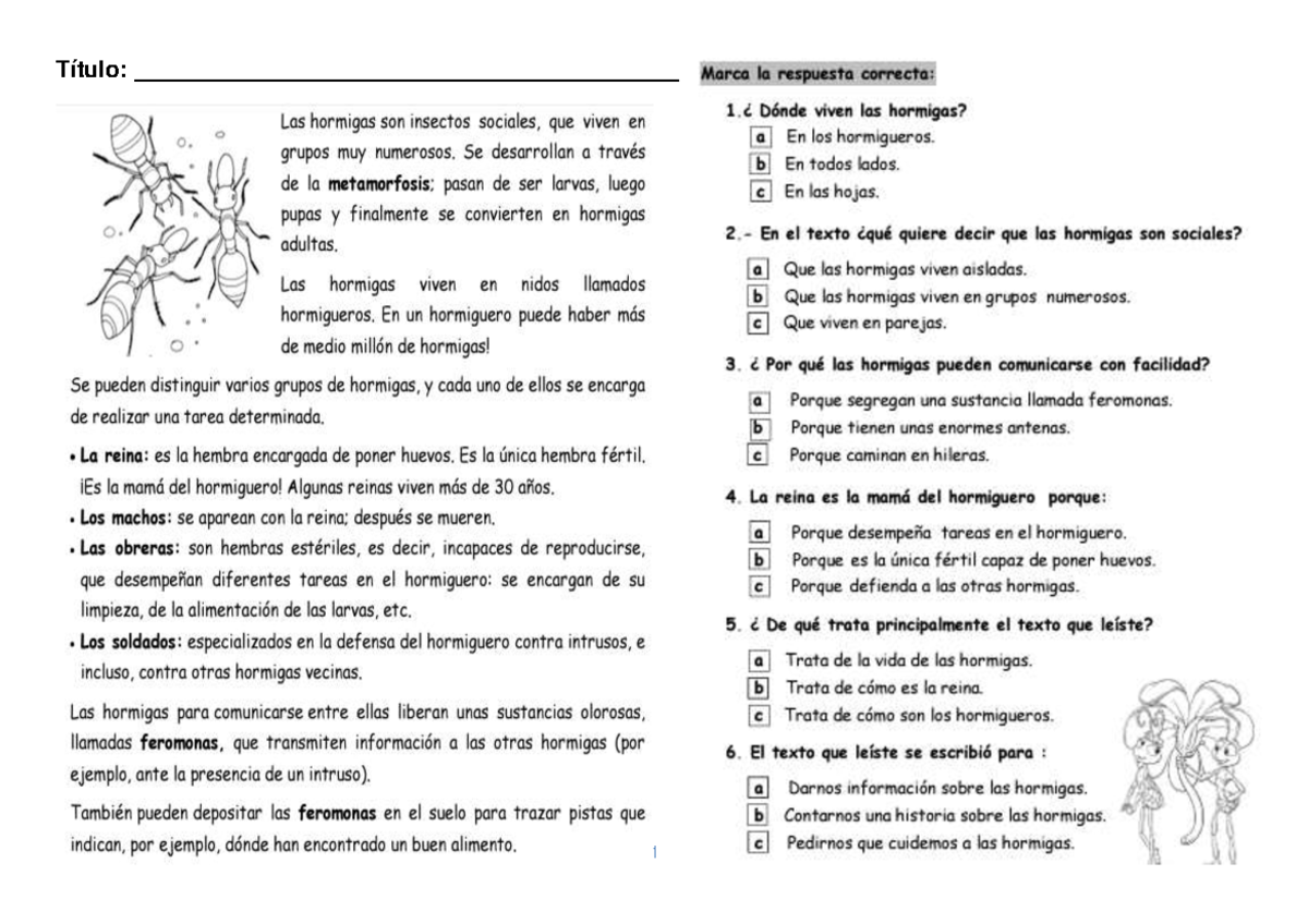 Lecturas de comprensión - Título: Marca la respuesta correcta: Las ...