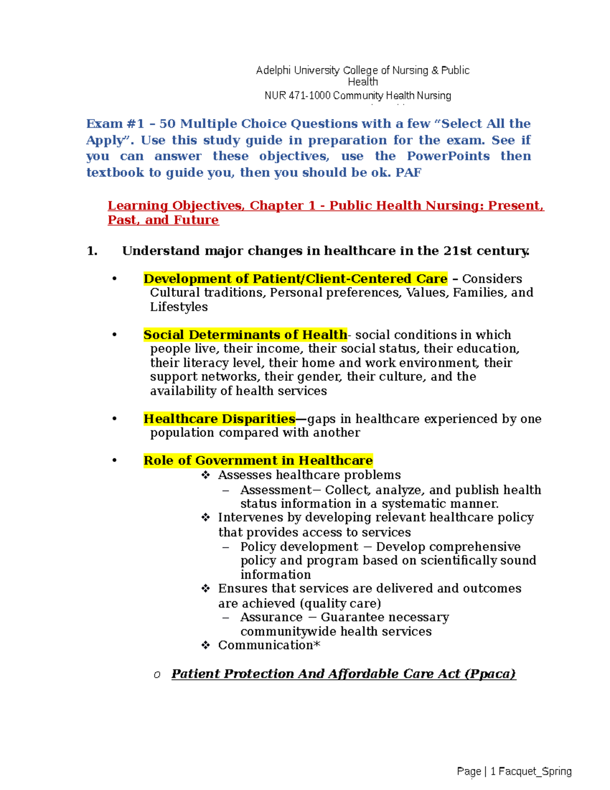 NUR 471 100 CHN Outline for Exam 1 Spring 2018 - Page | 1 Facquet ...