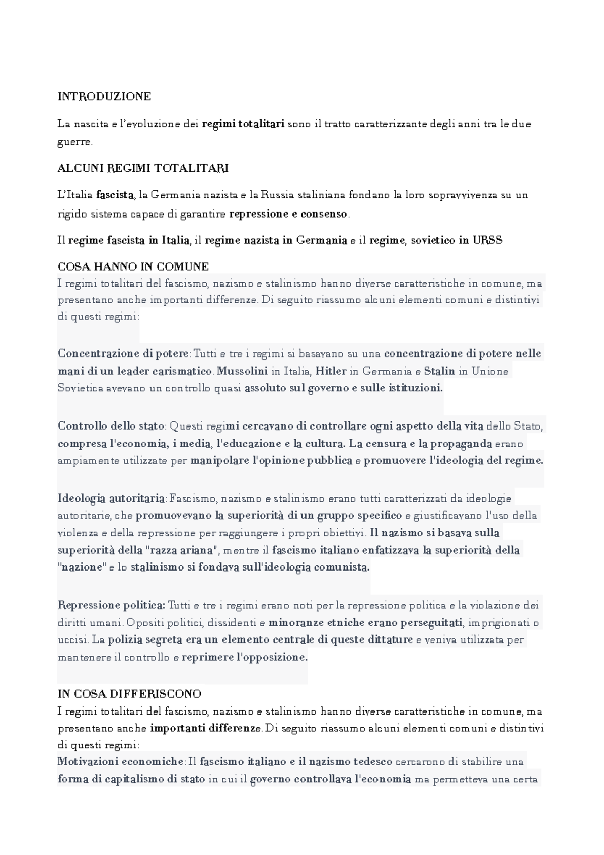 Somiglianze E Differenze DEI Regimi - INTRODUZIONE La nascita e l ...