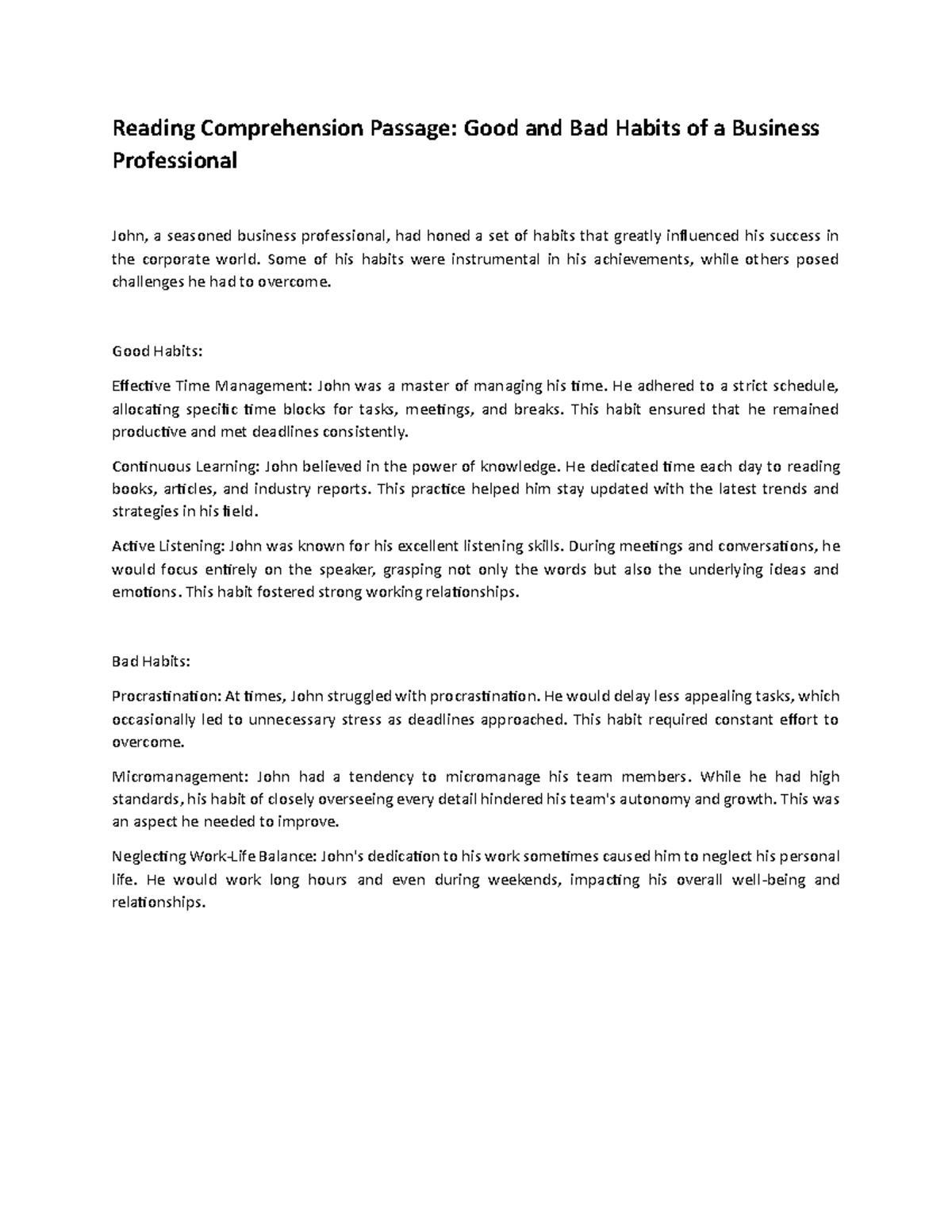 Reading 1 - Good and bad habits - Reading Comprehension Passage: Good ...