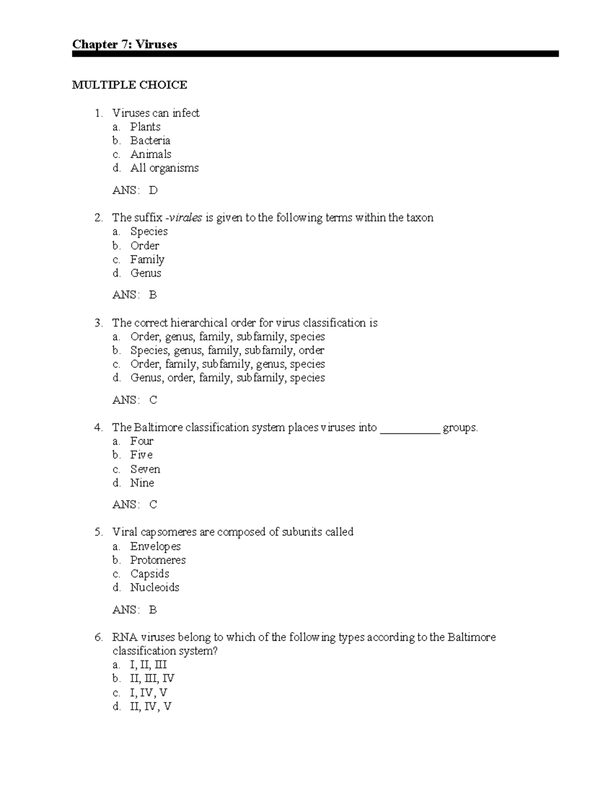 Micro Ch. 7 - practice questions - Chapter 7: Viruses MULTIPLE CHOICE ...