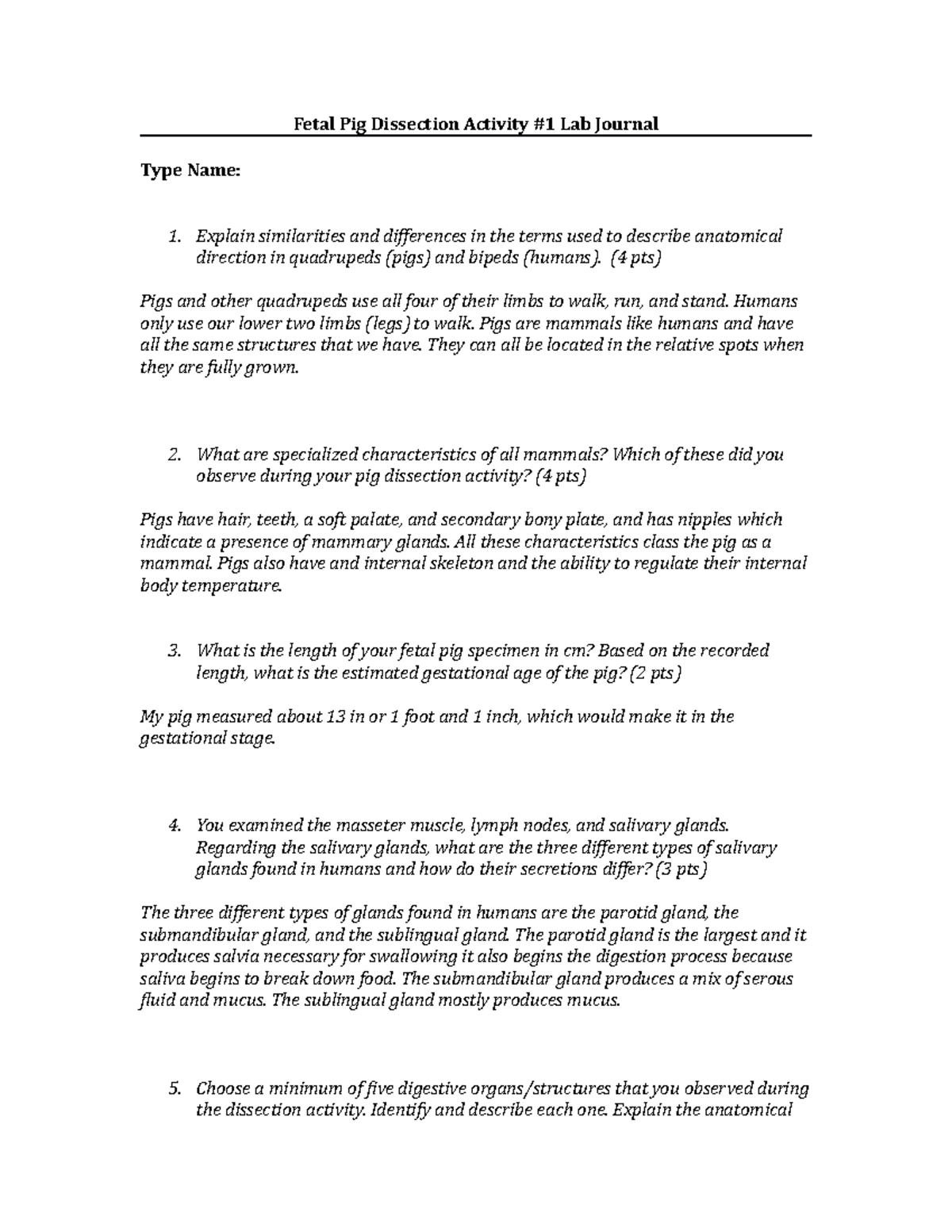 Fetal Pig Dissection Activity #1 Lab Journal APHY 102 - Fetal Pig ...