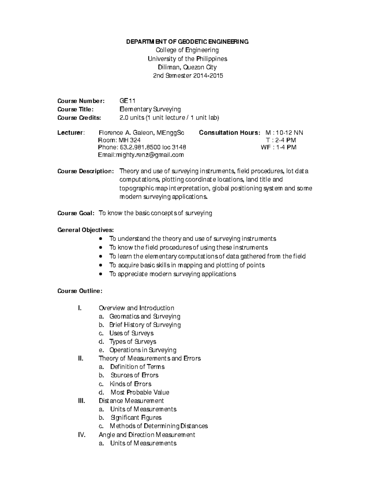 GE 11 2nd Sem 2014-2015 Syllabus - DEPARTMENT OF GEODETIC ENGINEERING ...
