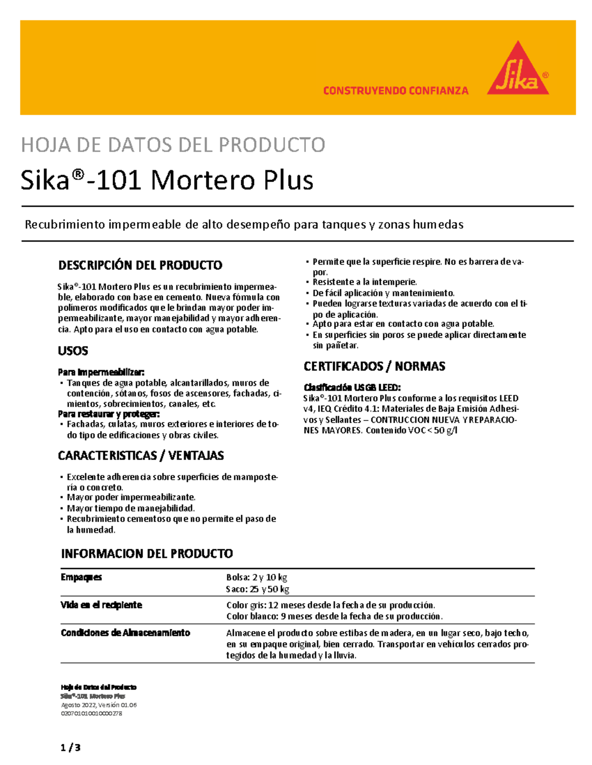 Sika-101-morteroplus - Hoja de Datos del Producto Sika®- 101 Mortero Plus Agosto 2022, Versión ...