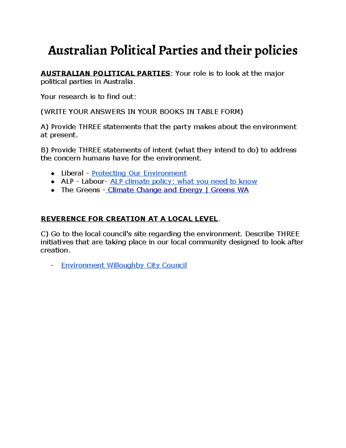 Australian Political Parties - Your research is to find out: (WRITE ...