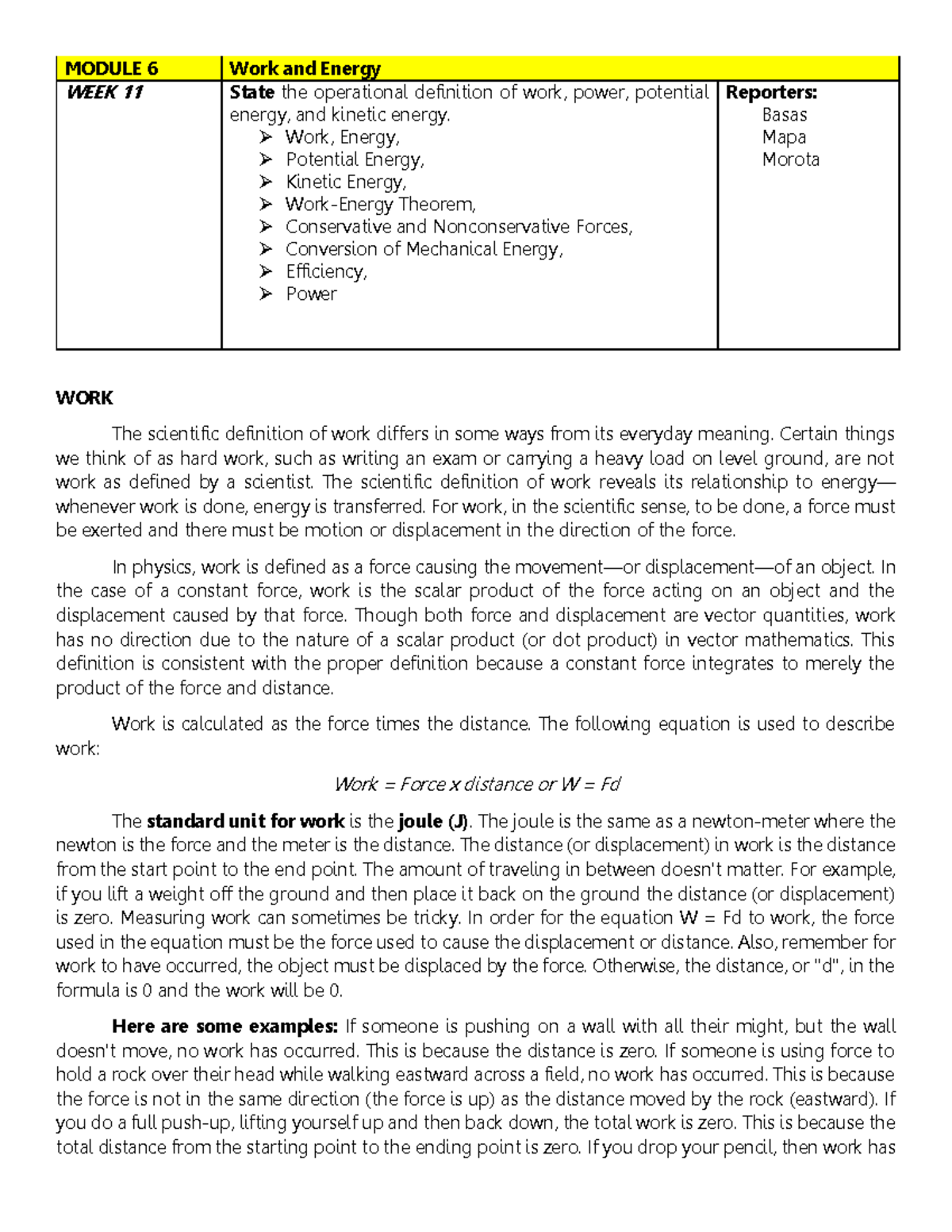 Physics- Module-6 - Notes - MODULE 6 Work and Energy WEEK 11 State the ...