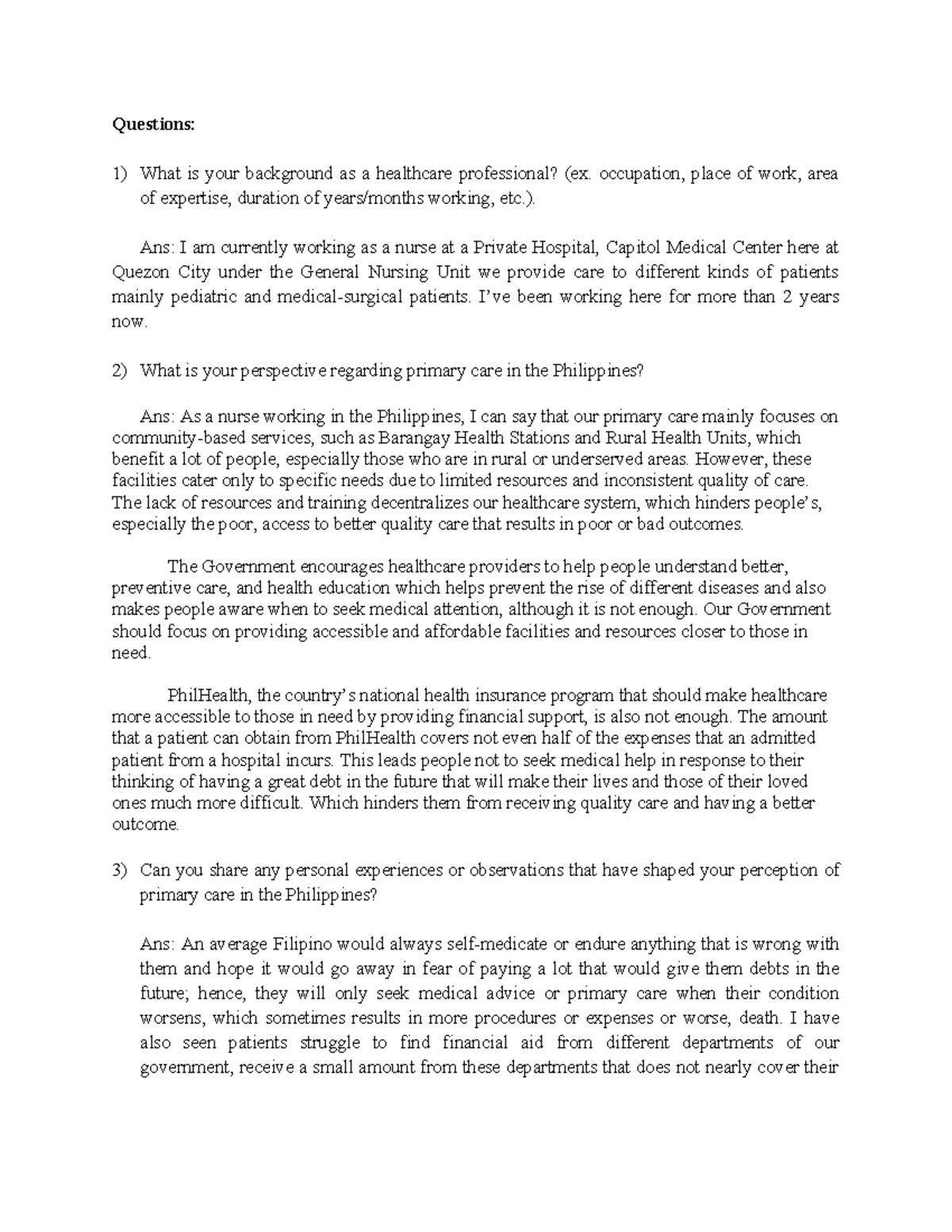 Questions Filipino-patient-experience 1 - Questions: What is your ...